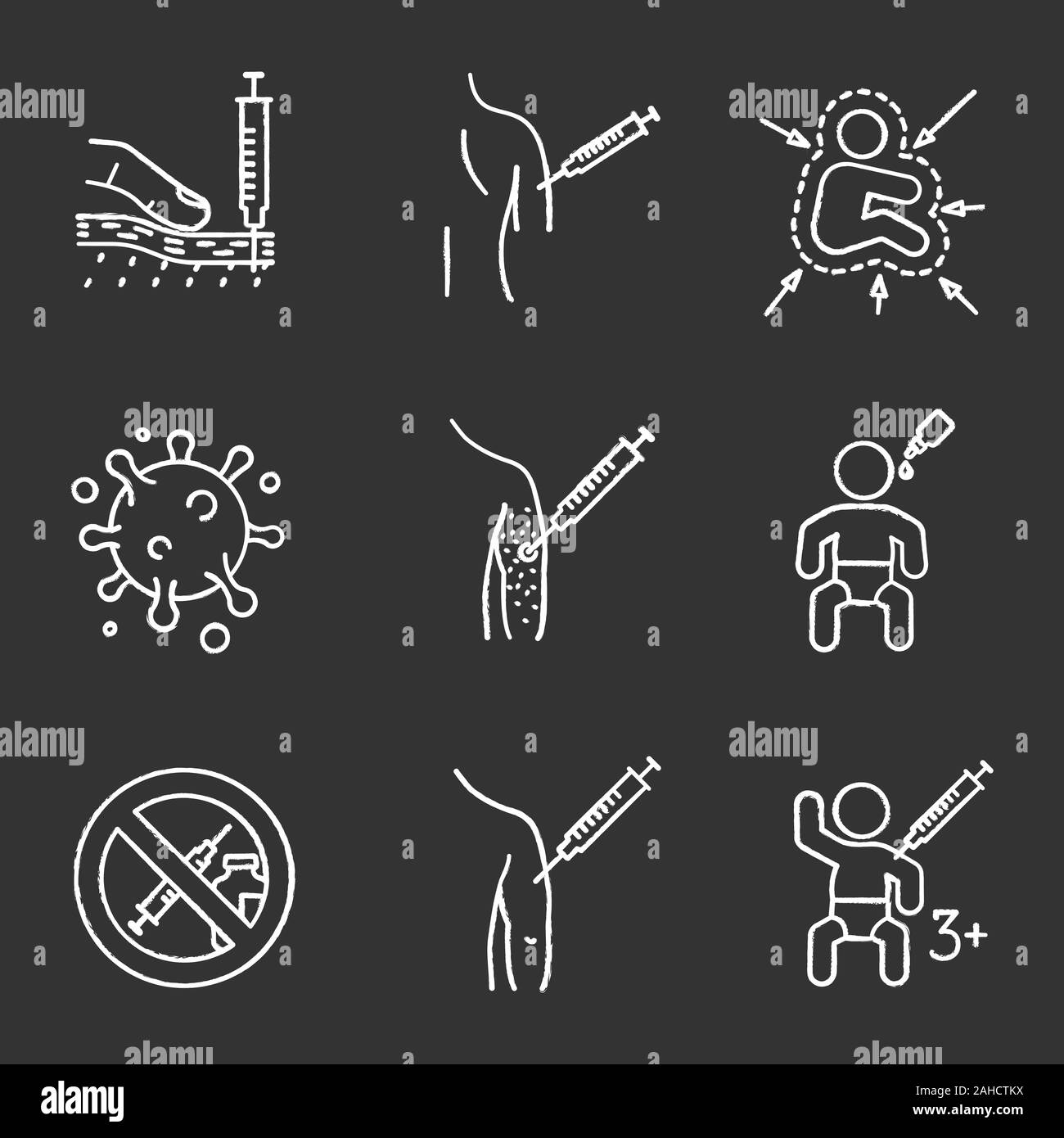 Vaccination and immunization chalk icons set. Subcutaneous injection ...
