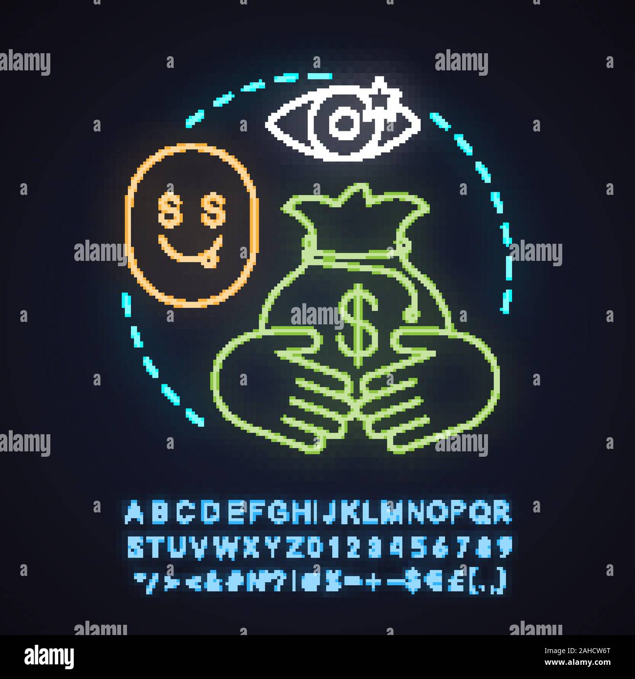 Greed neon light concept icon. Selfish idea. Love of money. Wealth ...