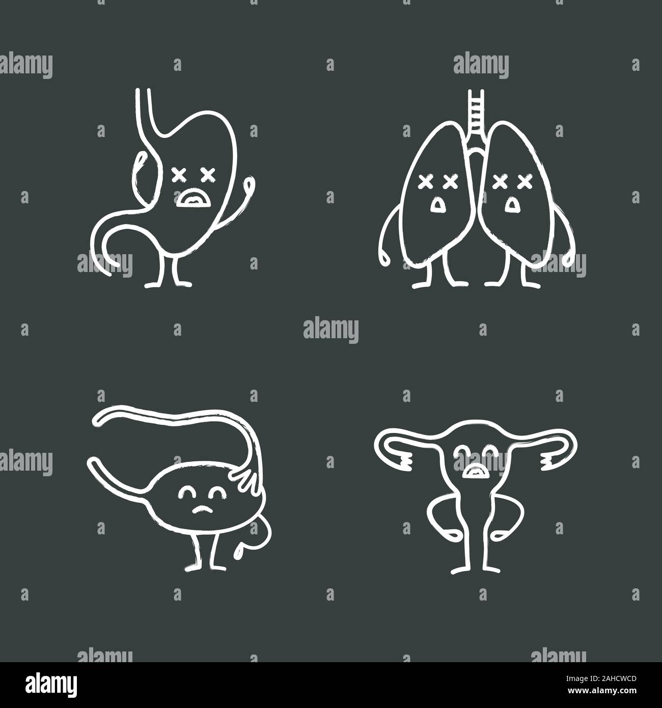 Sad human internal organs characters chalk icons set. Unhappy stomach ...