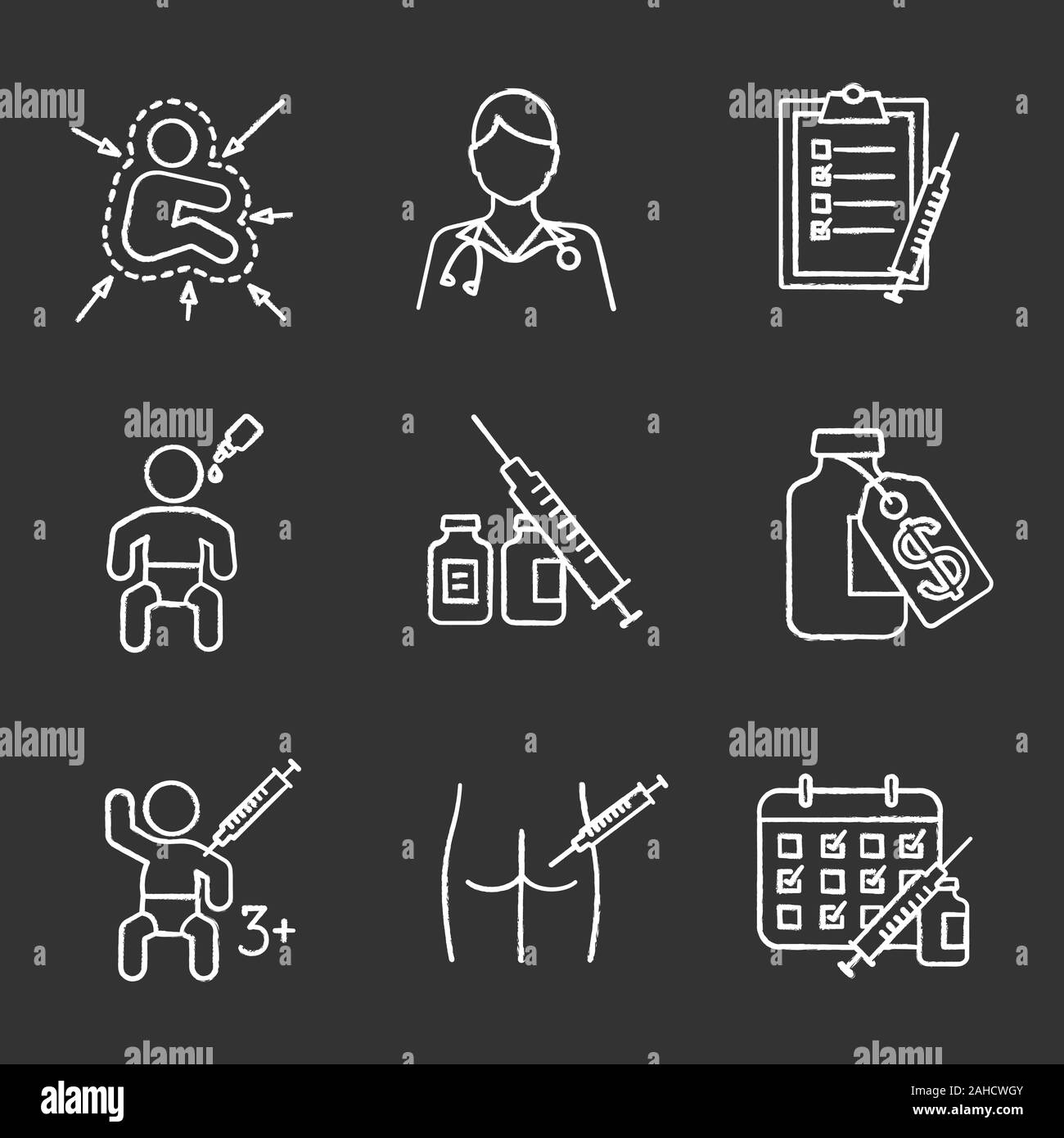 Vaccination and immunization chalk icons set. Kid's immune system ...