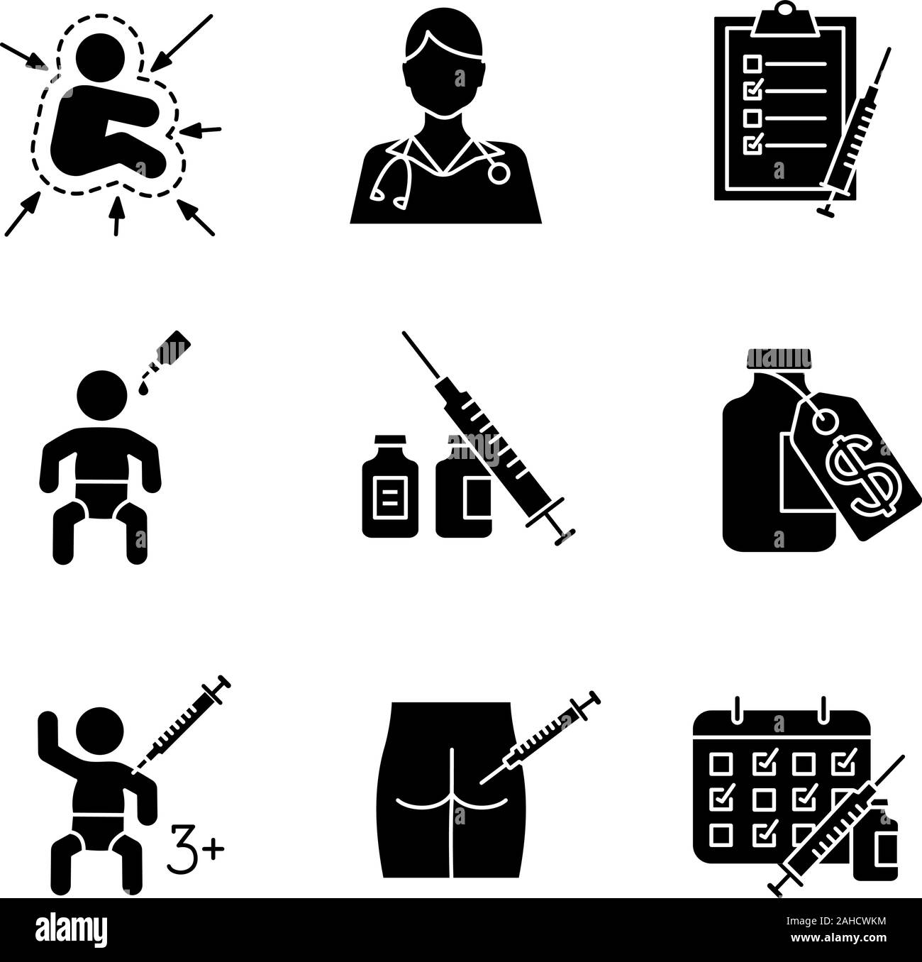 Vaccination and immunization glyph icons set. Silhouette symbols. Kid's ...