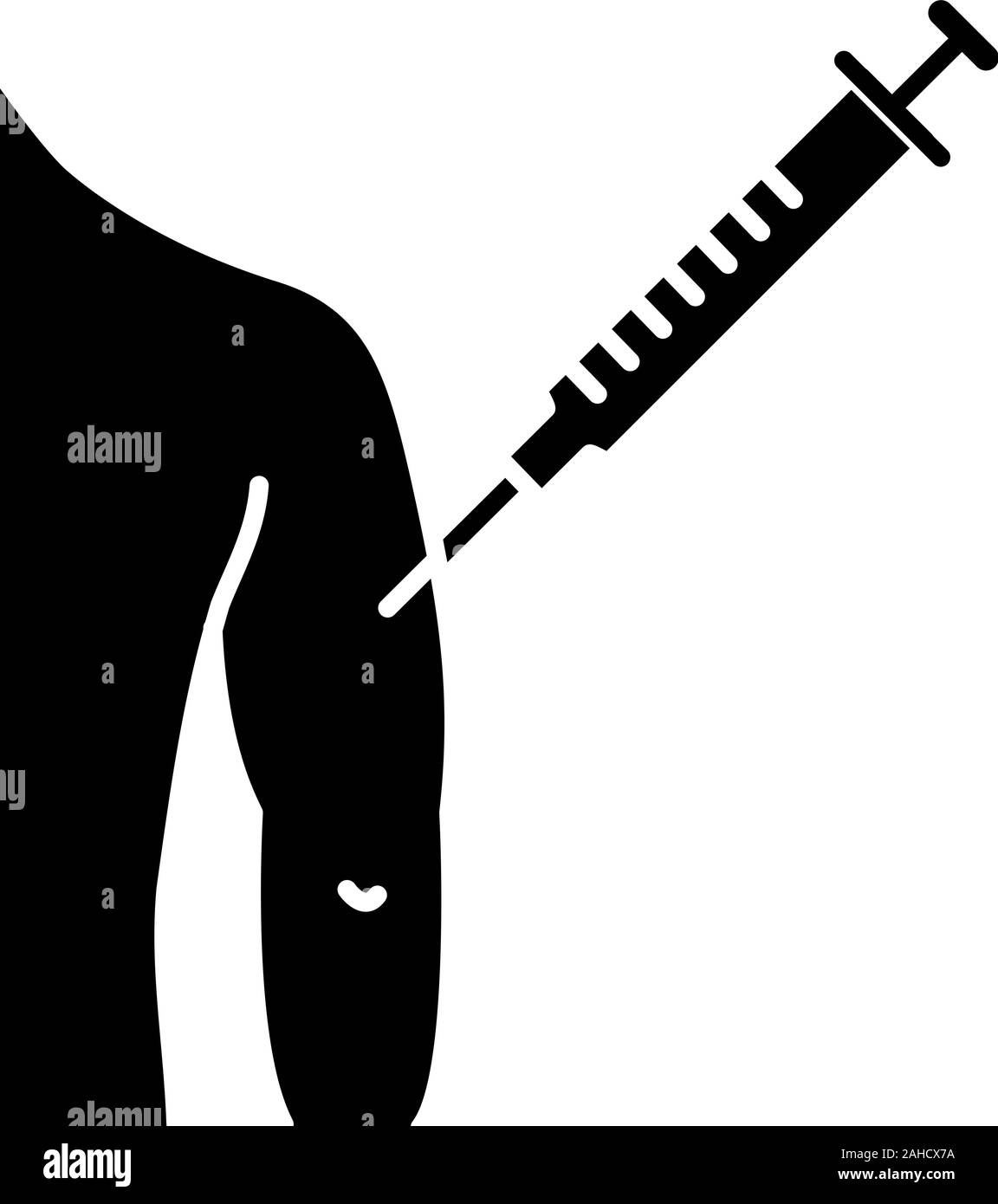 Injection in man's arm glyph icon. Silhouette symbol. BCG, hepatitis ...