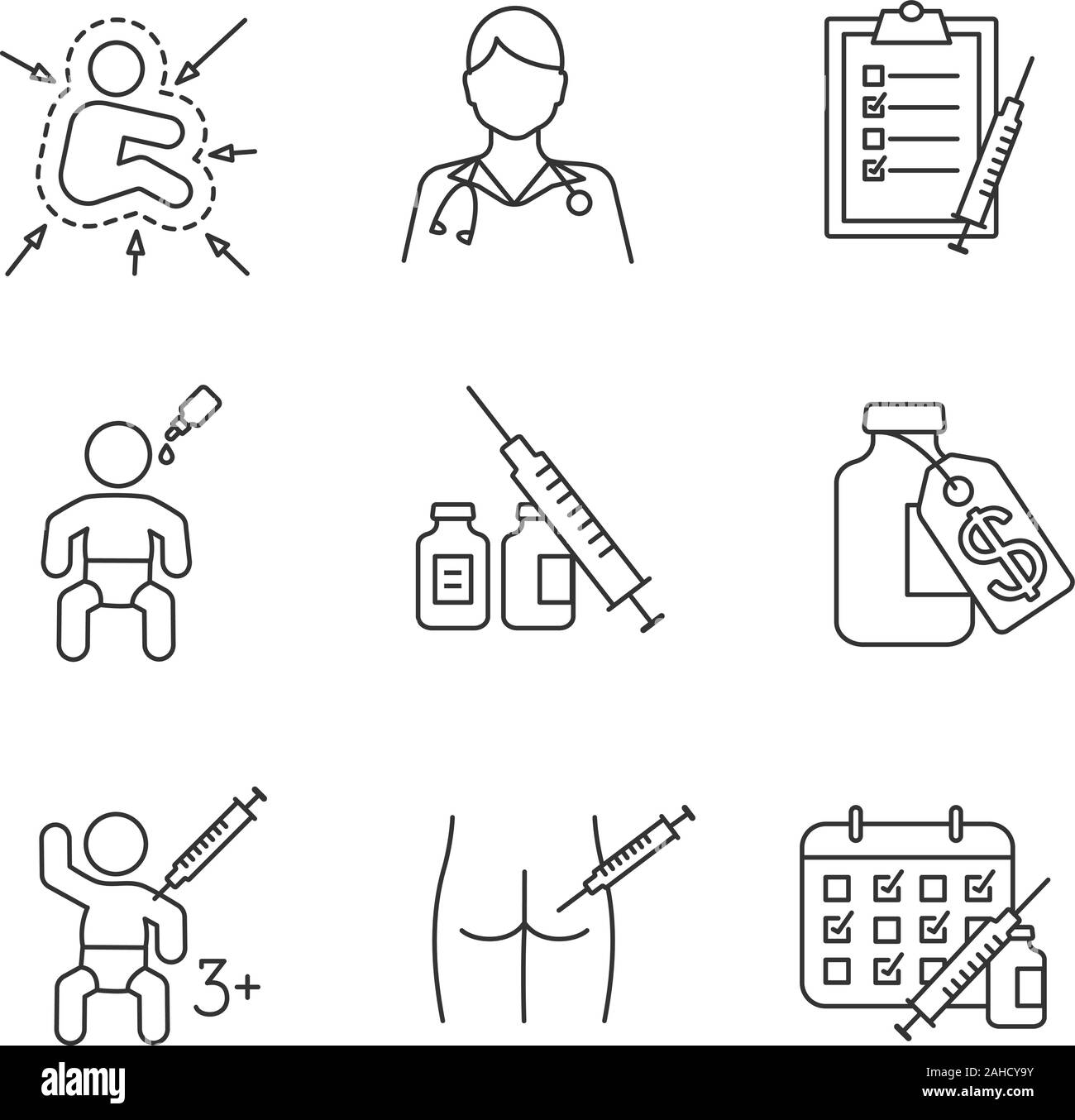 Vaccination and immunization linear icons set. Thin line contour ...