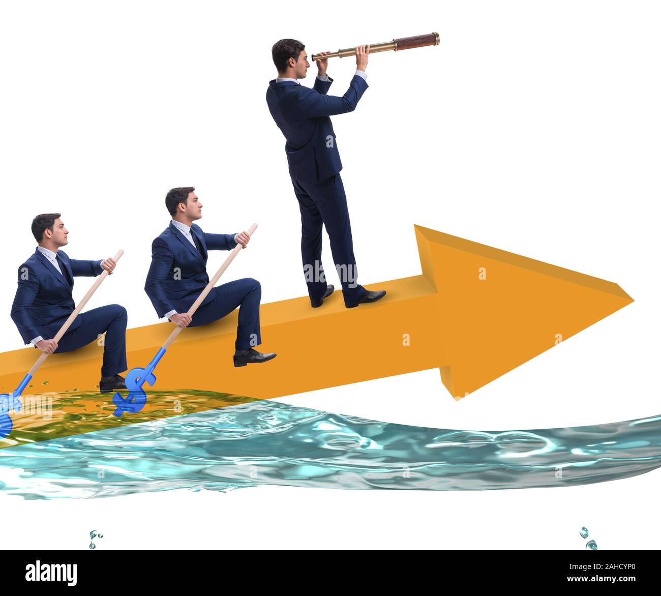 Teamwork concept with businessmen on boat Stock Photo - Alamy