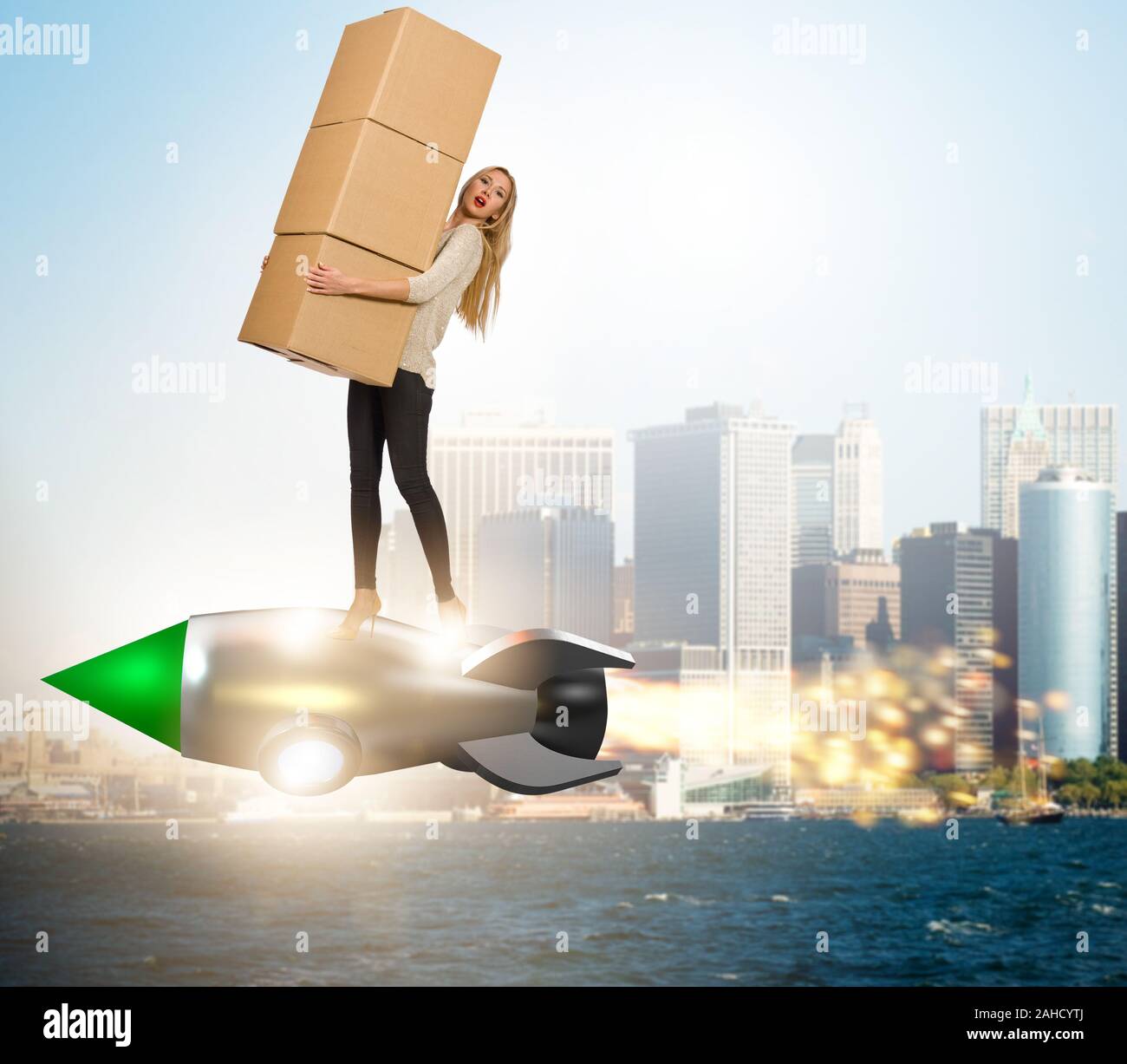 The woman in fast box delivery service on rocket Stock Photo - Alamy