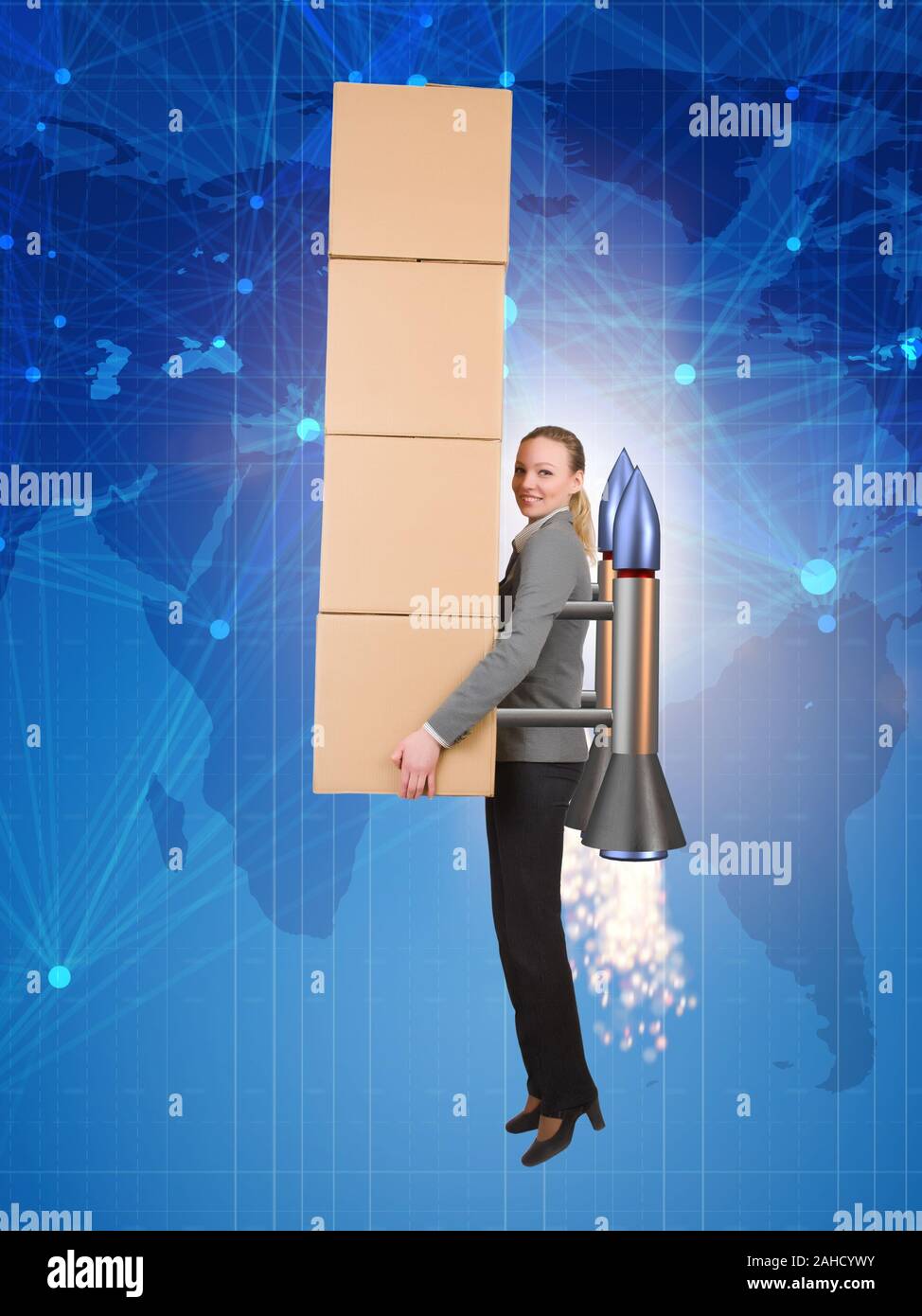 The woman flying jetpack and delivering boxes globally Stock Photo - Alamy