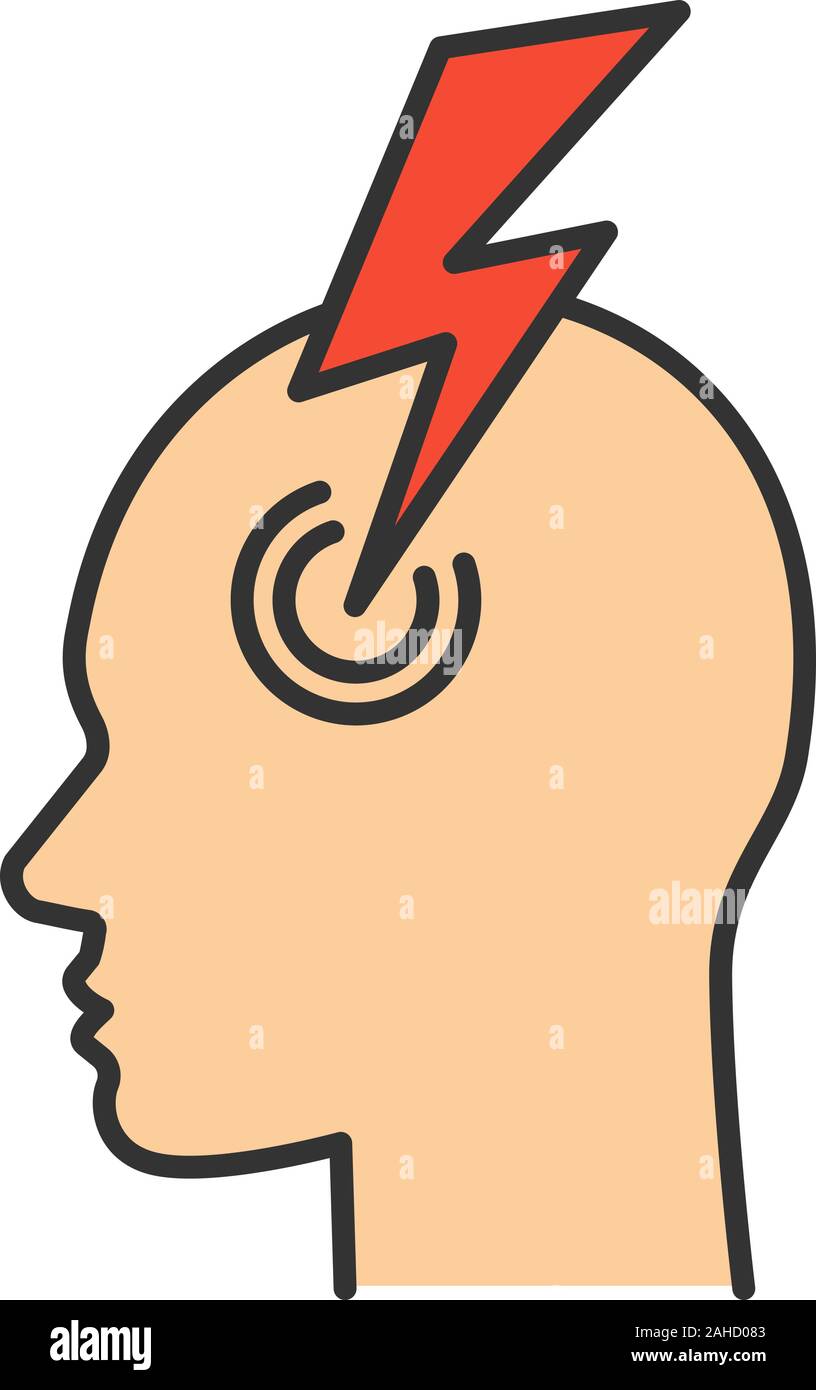 Migraine color icon. Human head with lightning bolt. Thunderclap ...