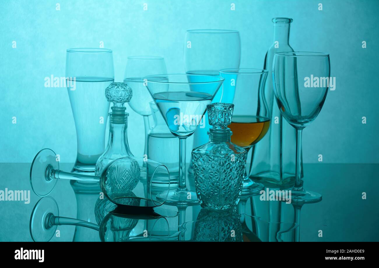 Collection of empty beverage glasses for alcohol and soft drinks Stock ...