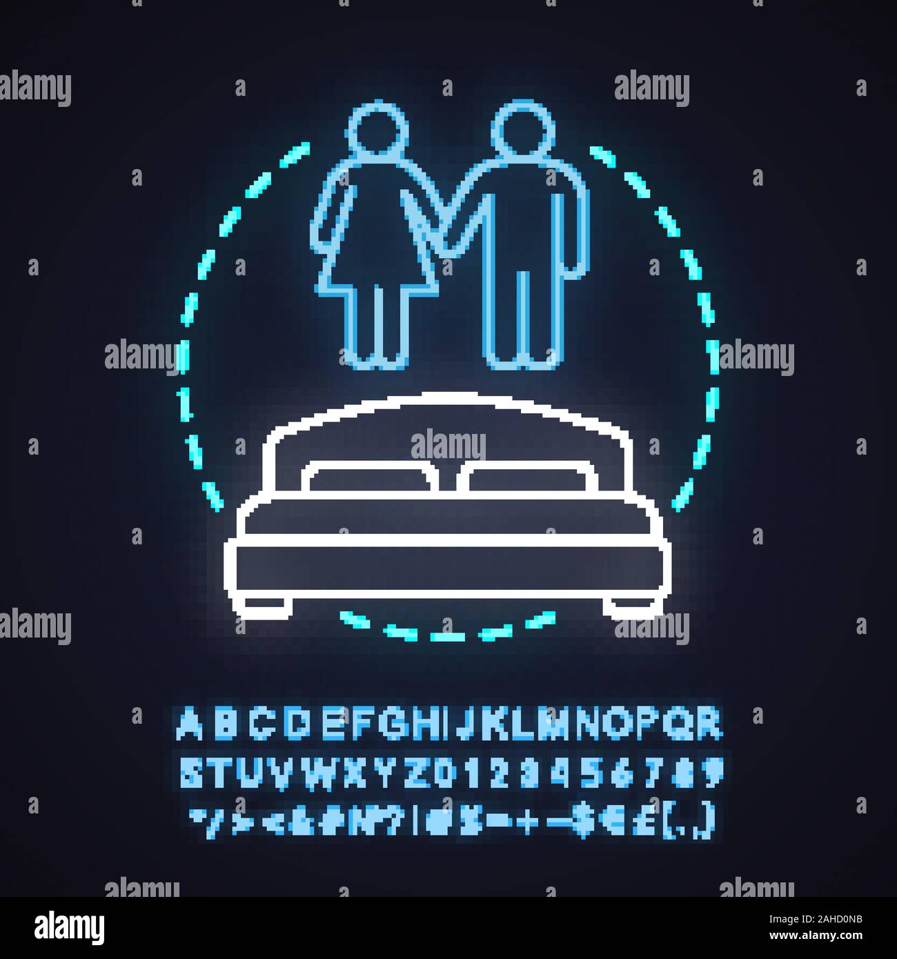 Double room neon light concept icon. Couple bed idea. Bedroom. Glowing ...