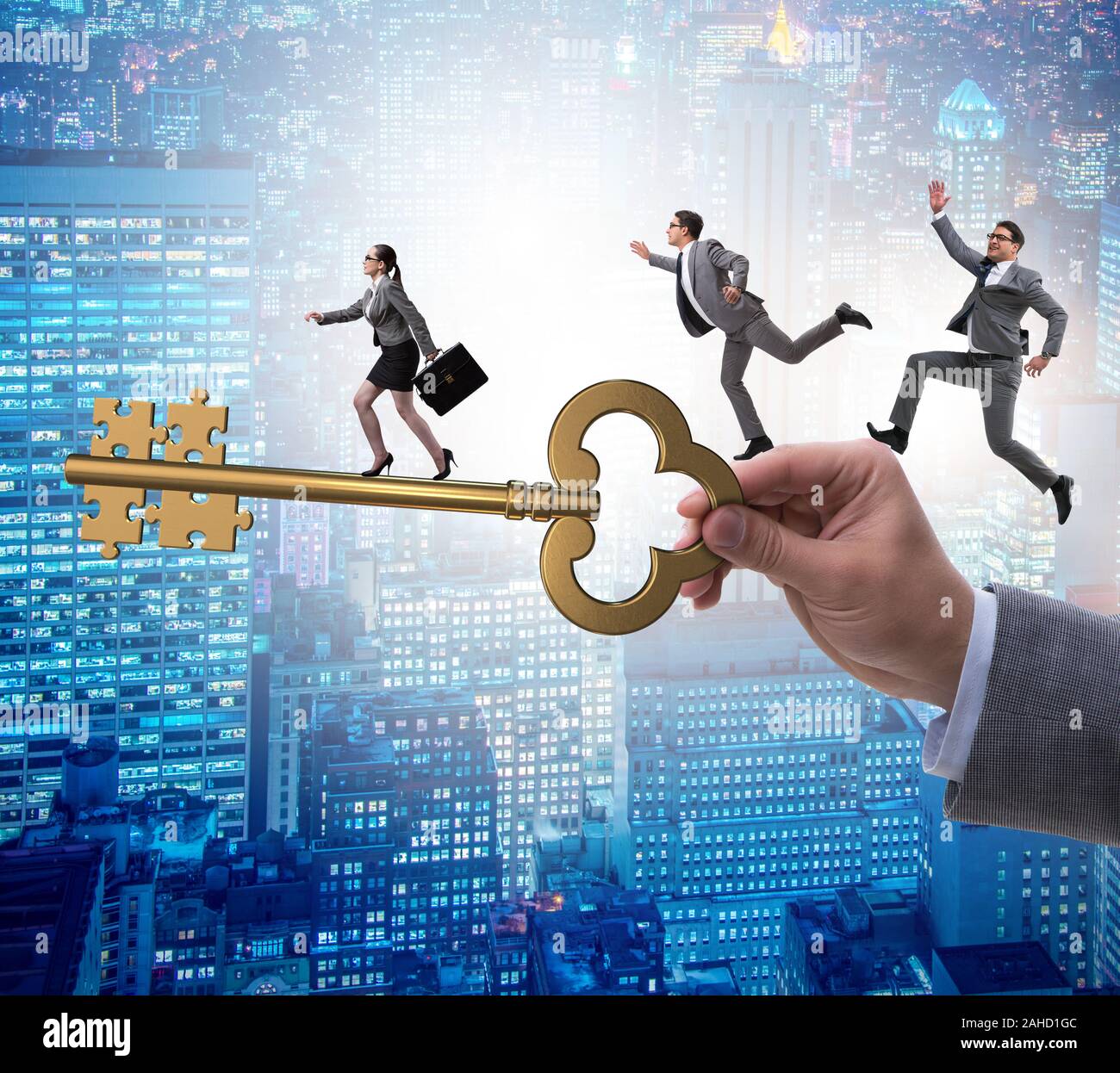 The business people chasing each other towards key to success Stock ...