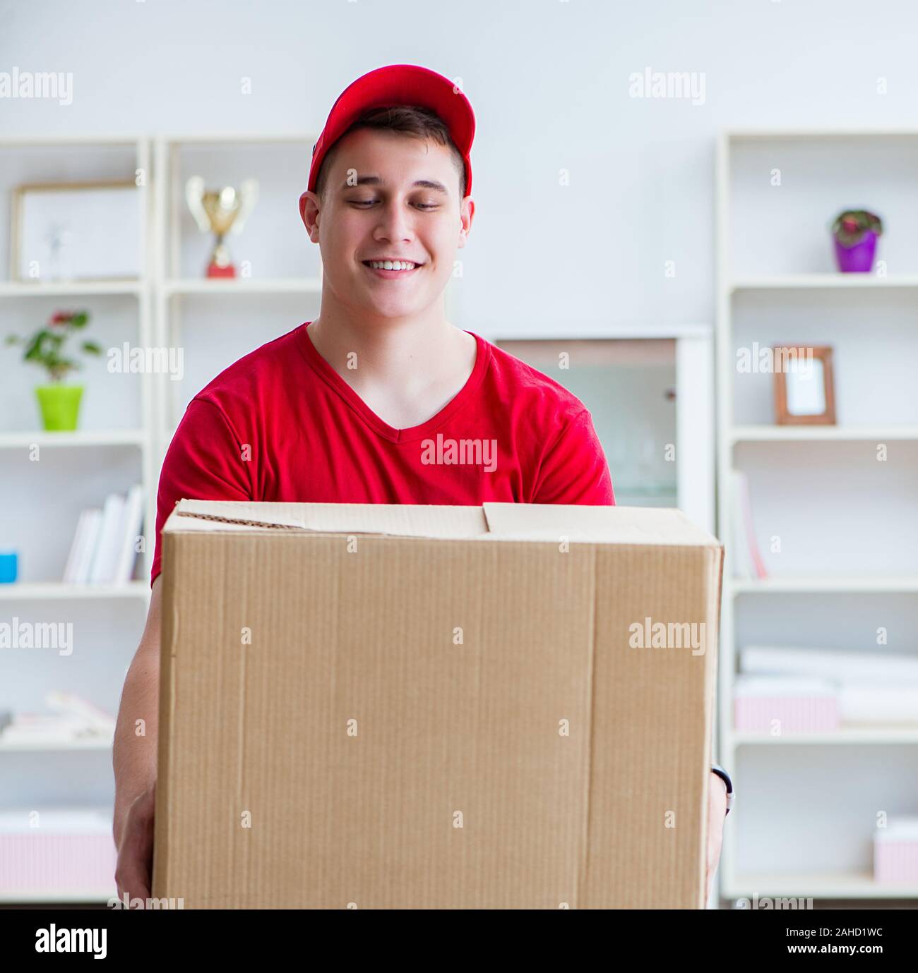 The post man delivering a parcel package Stock Photo - Alamy