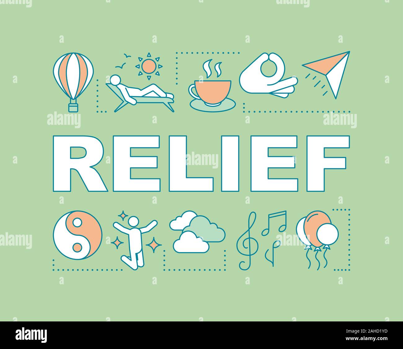 Relief word concepts banner. Rest, relax. Hobby, listening to music ...