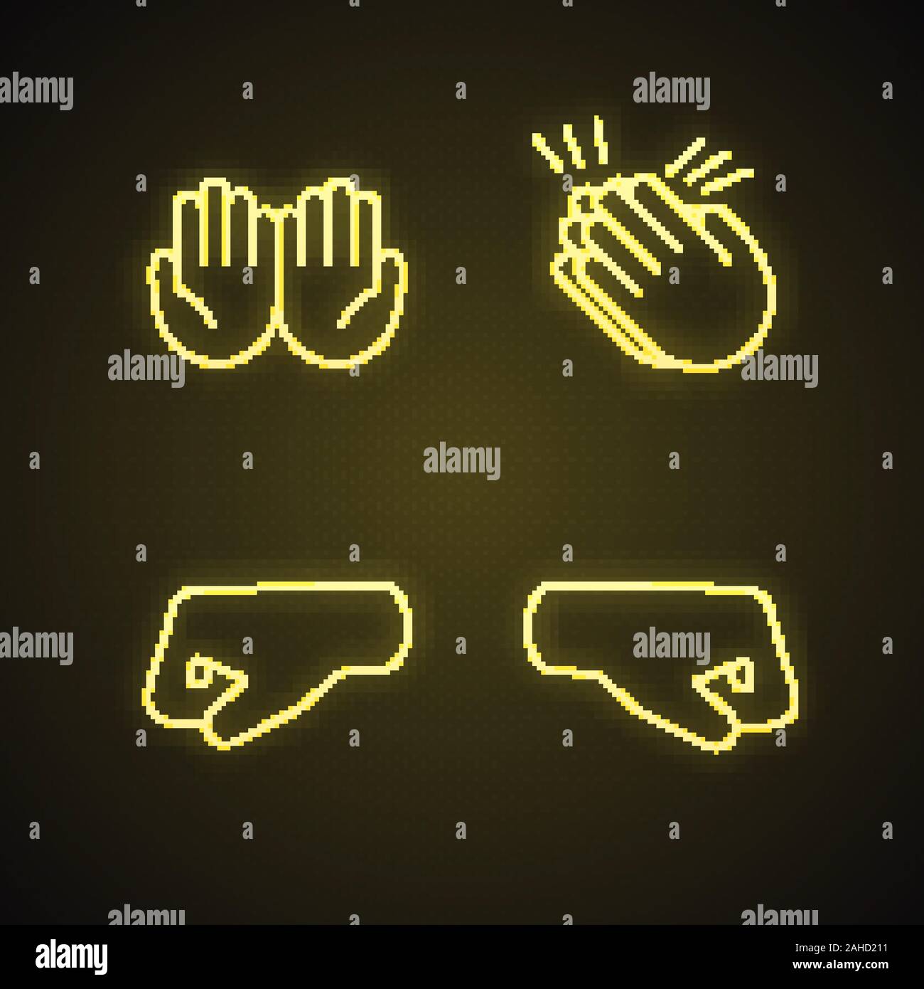 Hand gesture emojis neon light icons set. Applause, congratulation ...