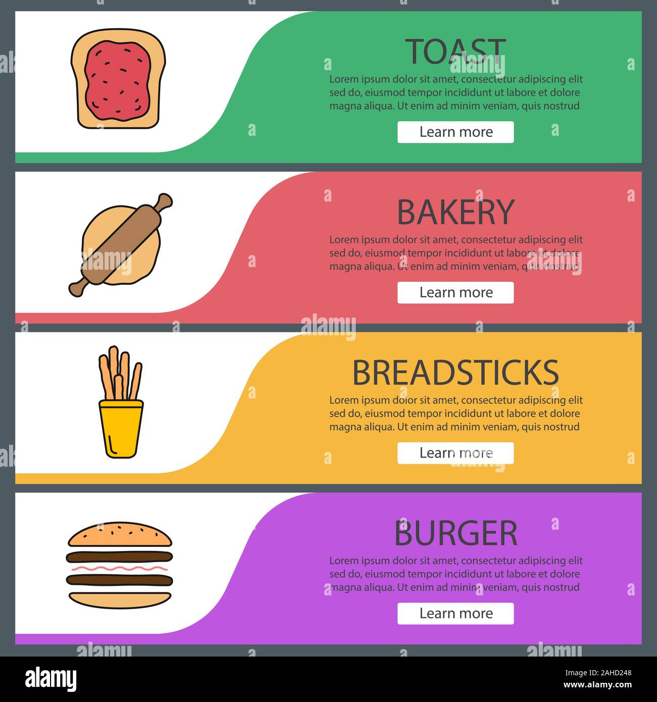 Bakery web banner templates set. Toast with jam, rolling pin and dough ...