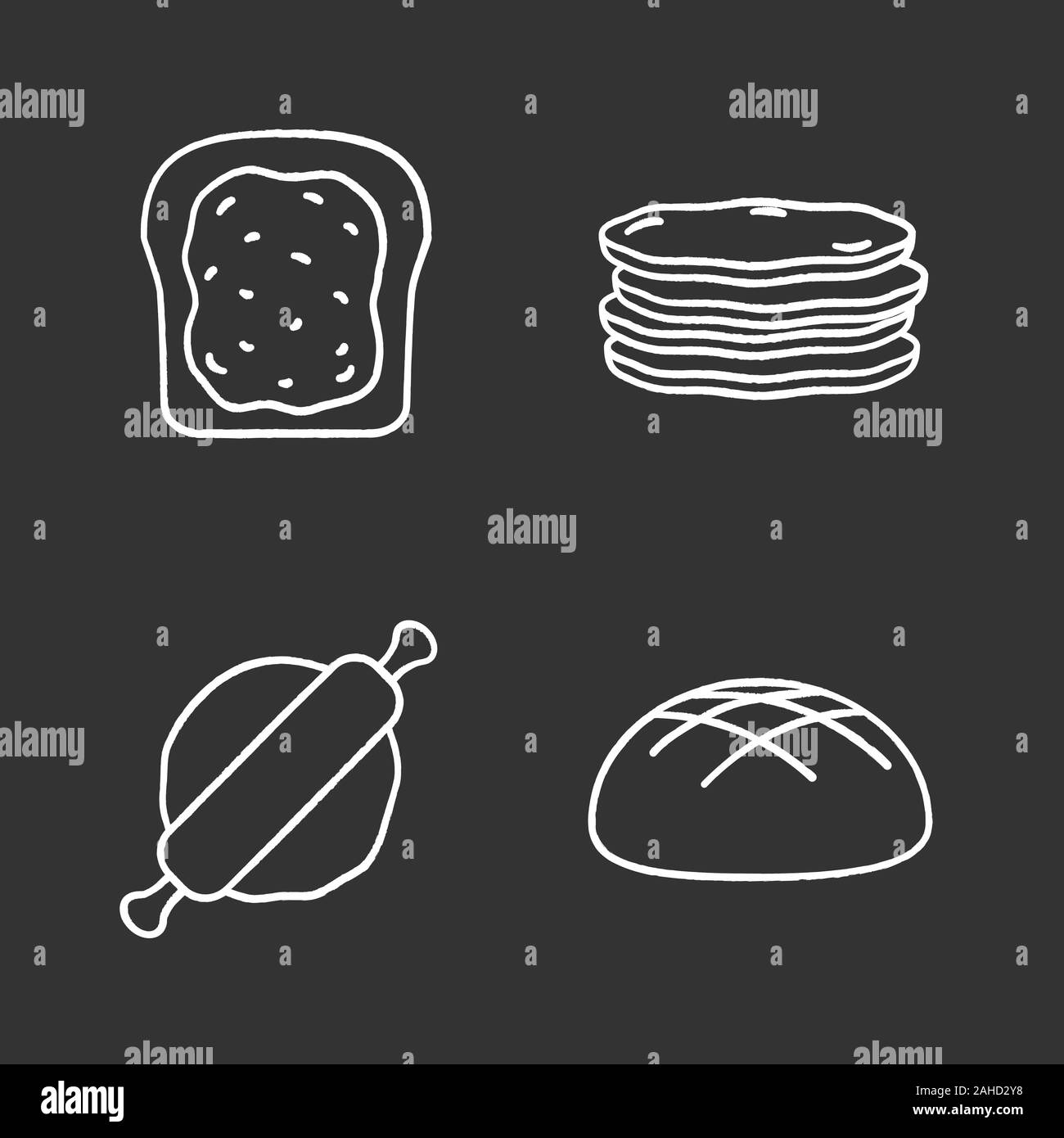 Bakery chalk icons set. Toast with jam, pancakes stack, rolling pin and ...
