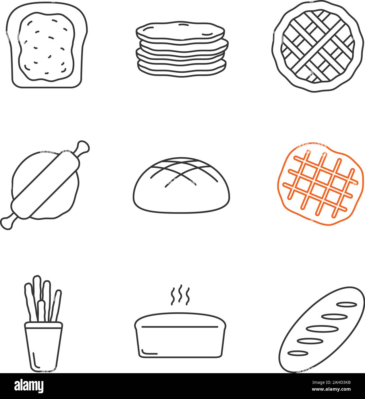 Bakery linear icons set. Toast, pancakes, pie, rolling pin, rye bread ...
