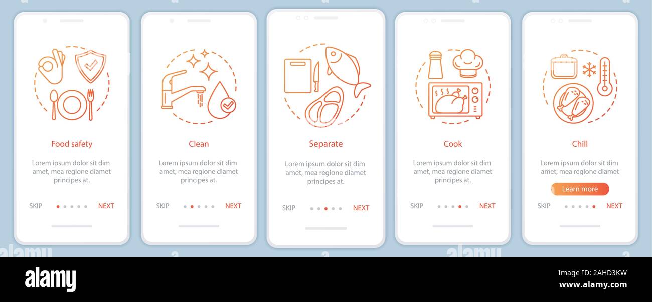 Food safety onboarding mobile app page screen template. Food processing ...