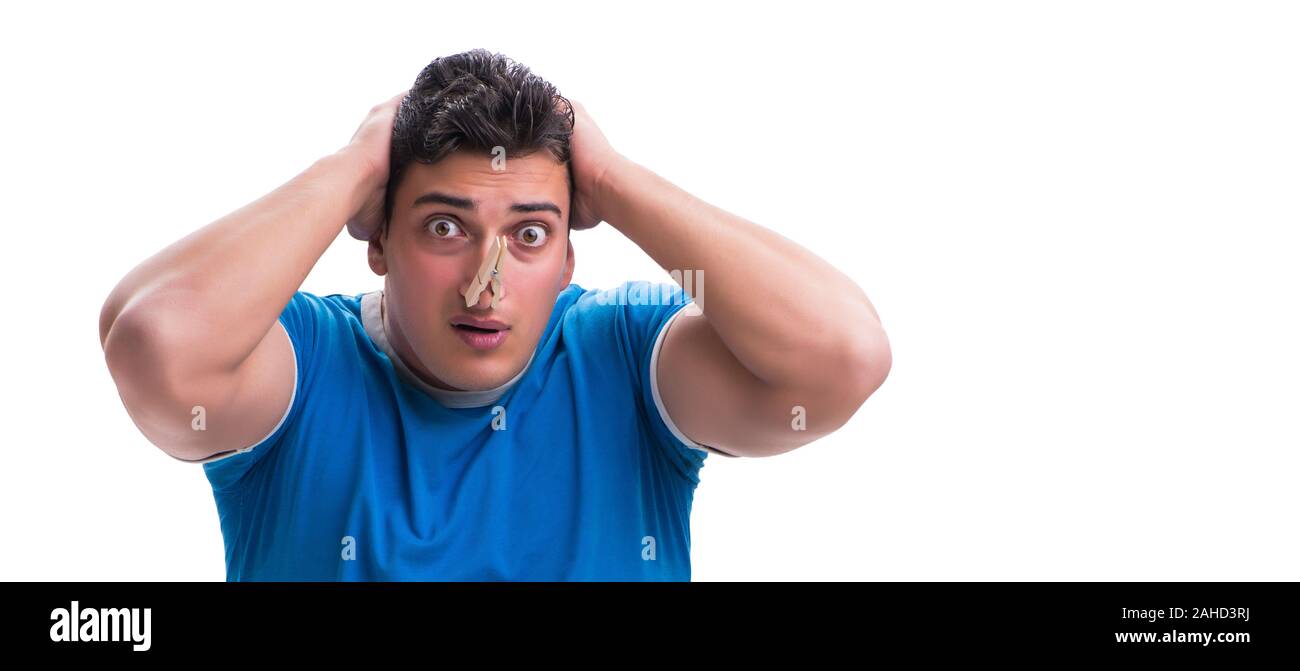 Man sweating excessively smelling bad isolated on white background ...