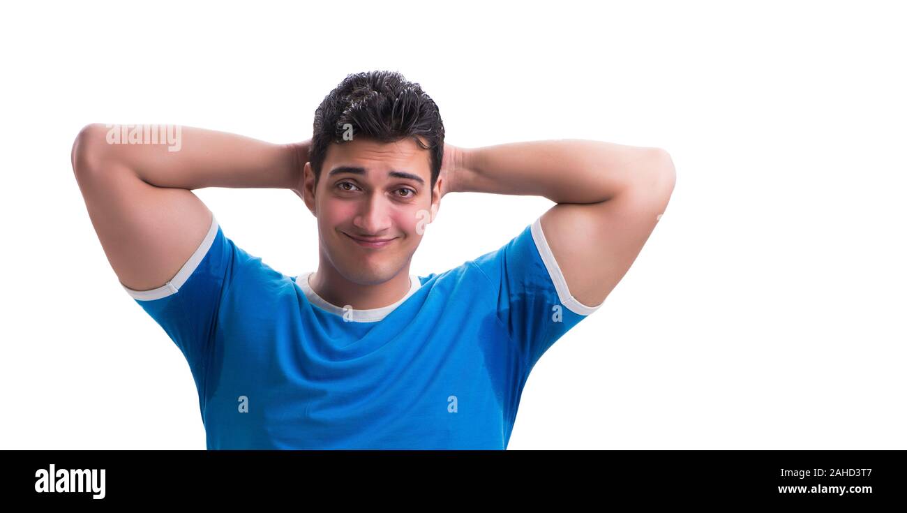 Man sweating excessively smelling bad isolated on white background ...