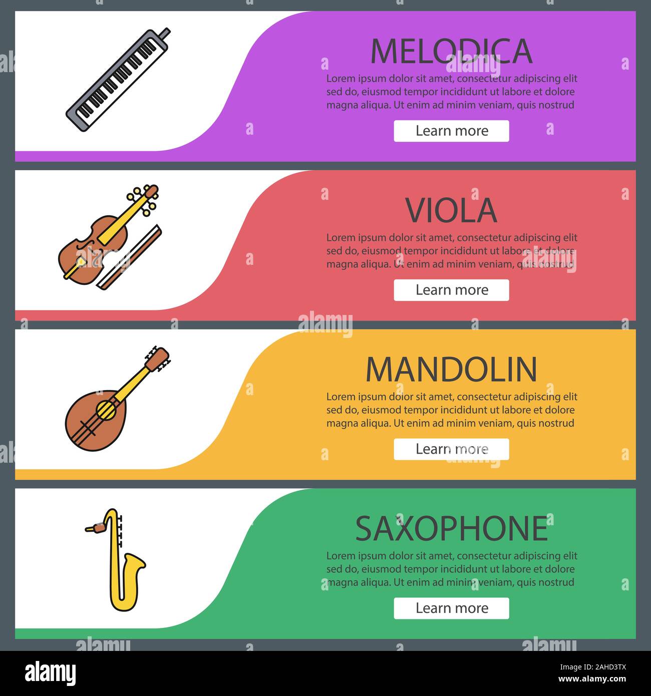 Musical instruments web banner templates set. Melodica, viola, mandolin ...