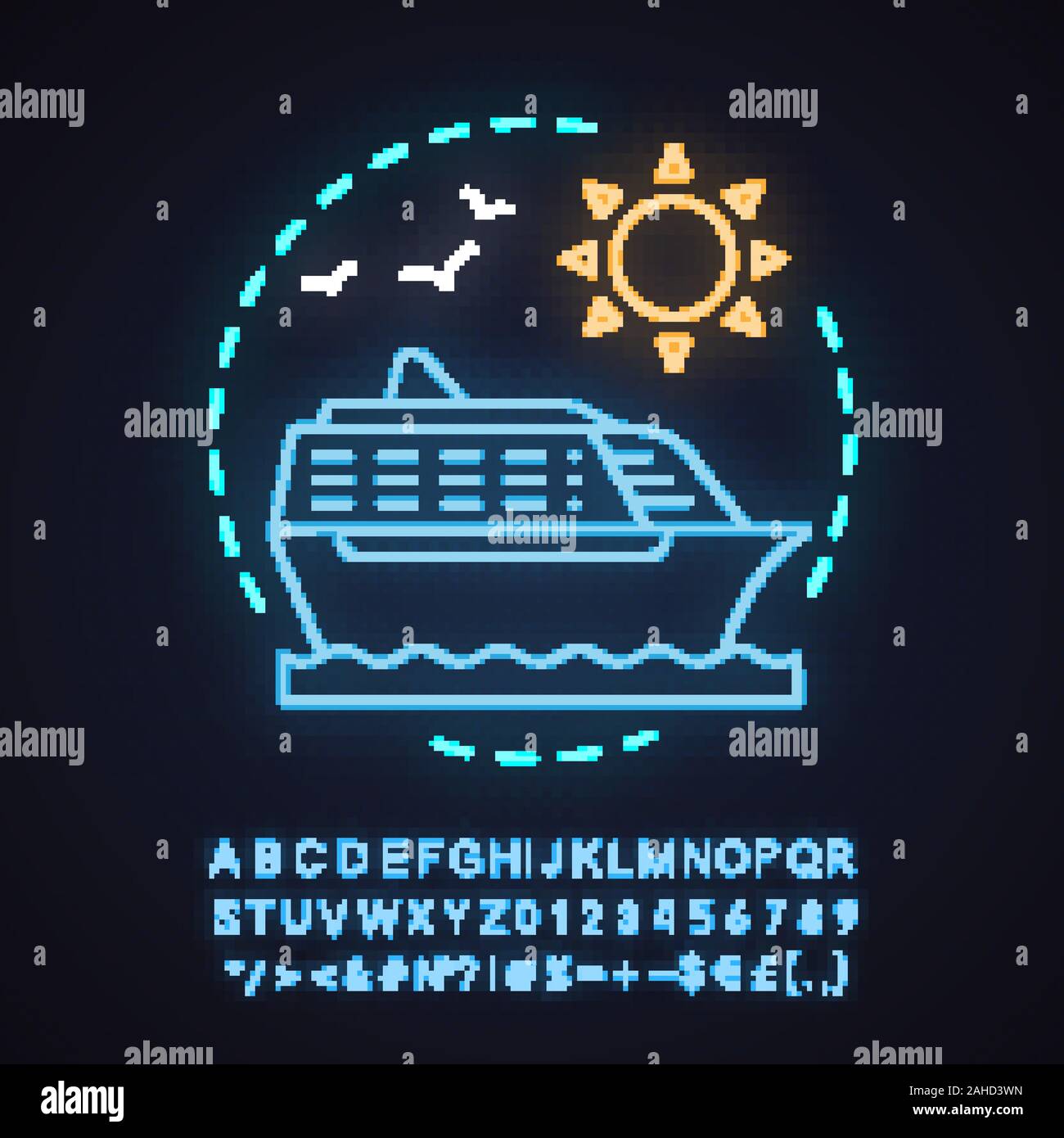 Vacation neon light concept icon. Cruise idea. Water transport. Summer ...