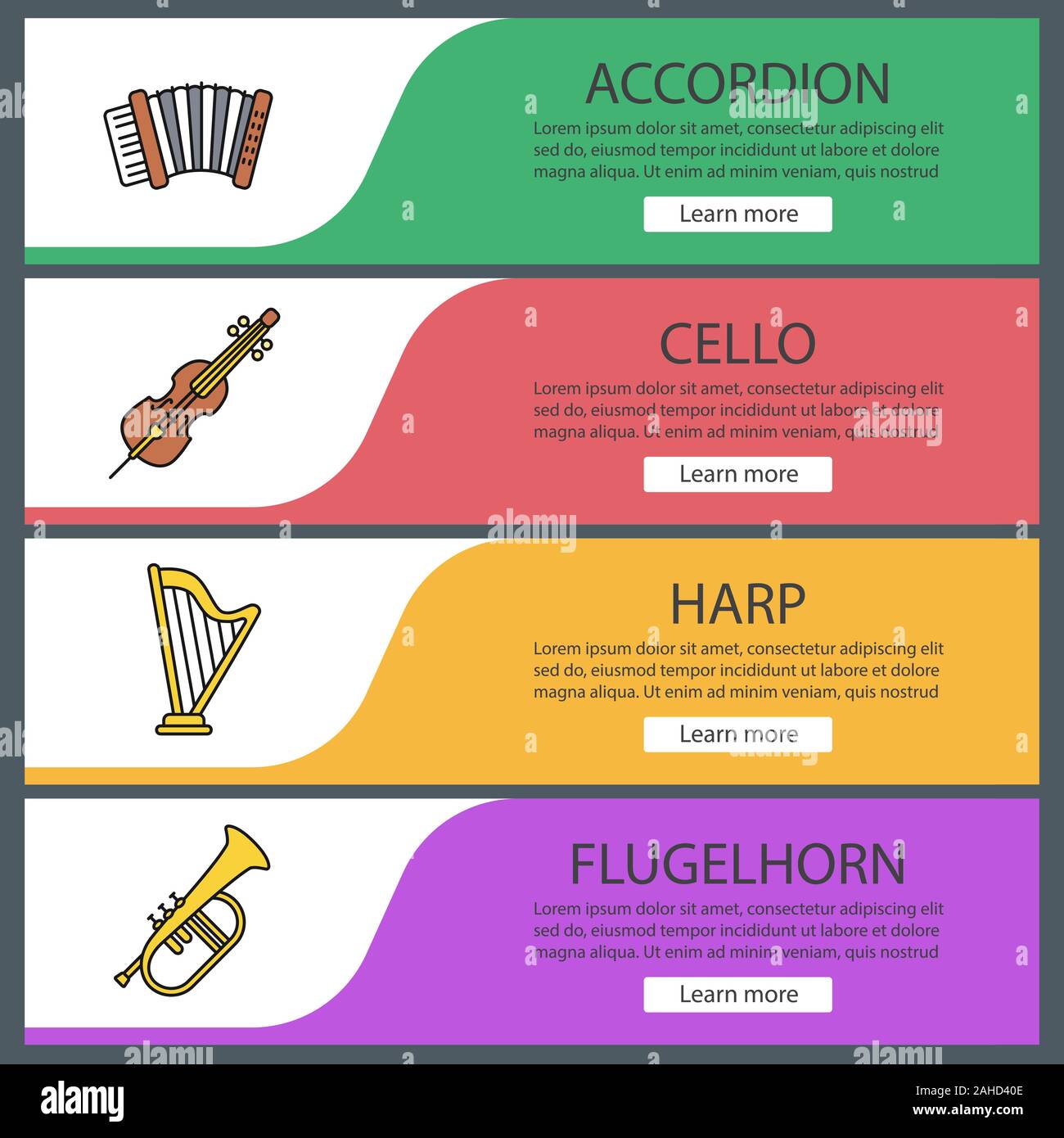 Musical instruments web banner templates set. Accordion, cello, harp ...