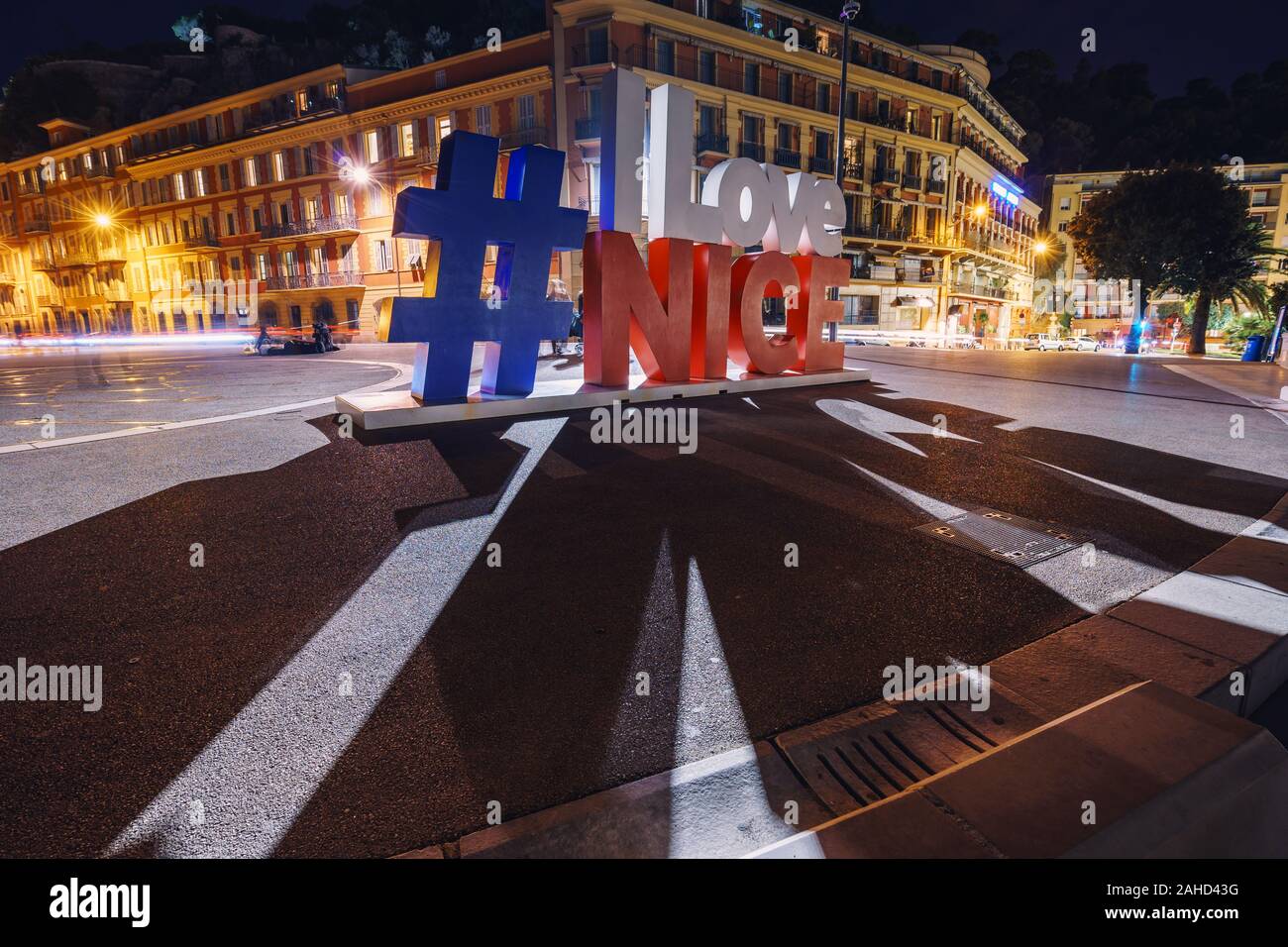 hashtag I Love Nice sign with the view of English Promenade, most ...