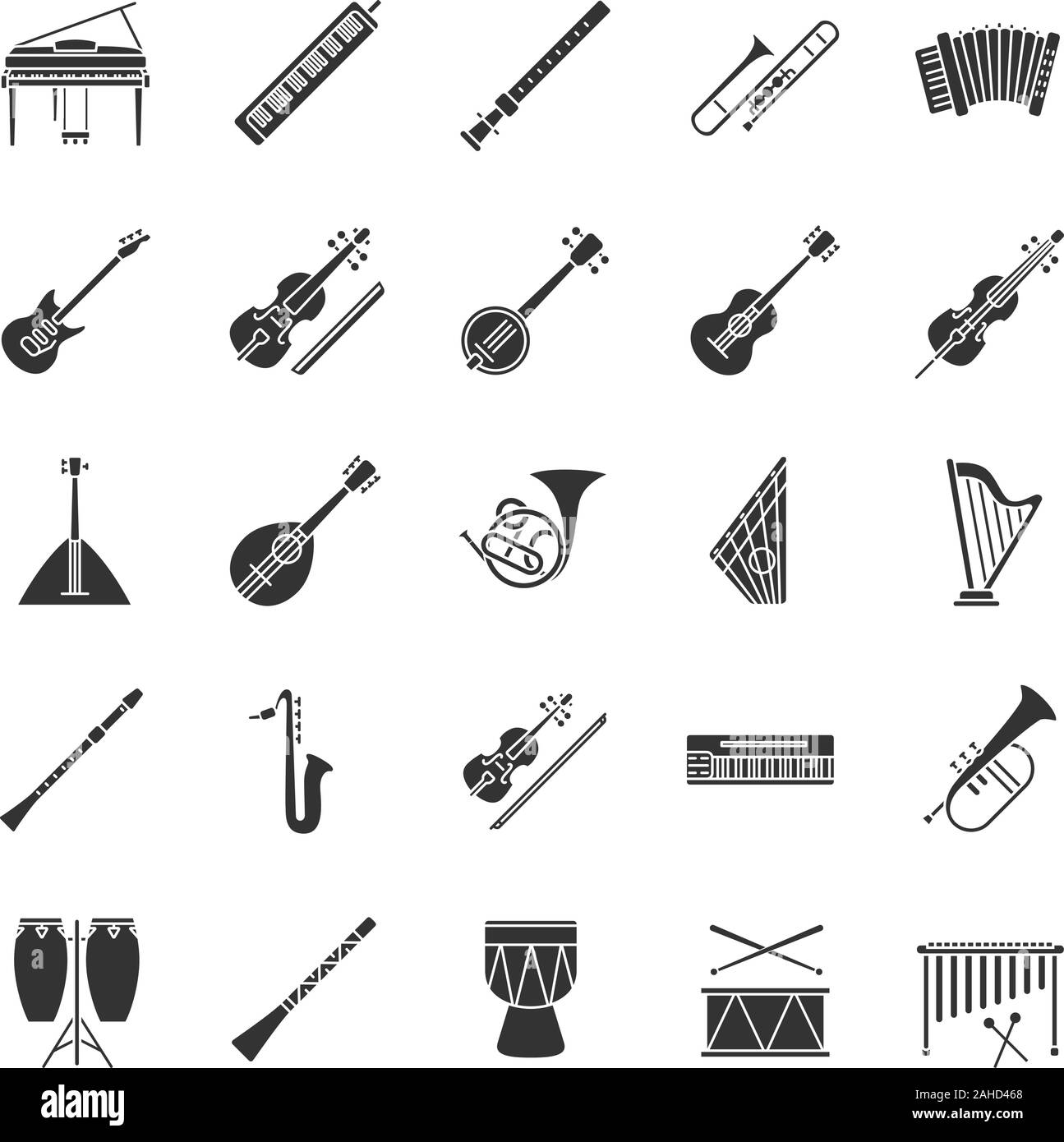 Musical instruments glyph icons set. Orchestra equipment. Stringed ... Musical instruments glyph icons set. Orchestra equipment. Stringed ...