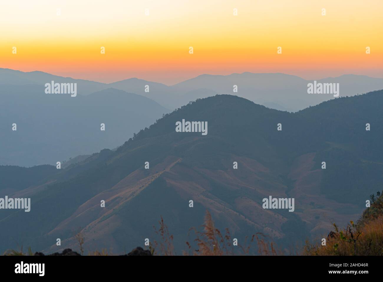 scenery sunrise above the mountain ridge on Doi Pha Phung at Nan ...