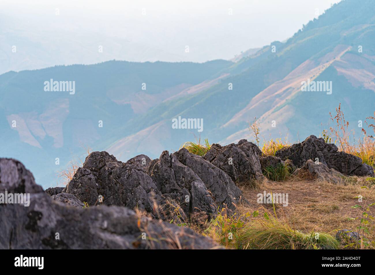 scenery sunrise above the mountain ridge on Doi Pha Phung at Nan ...