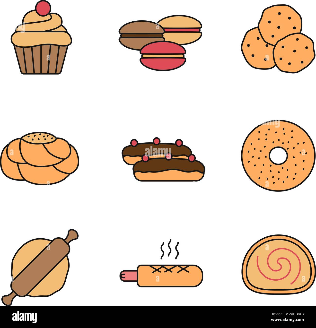 Bakery color icon. Cupcake, macarons, chocolate chips, pastry bread ...