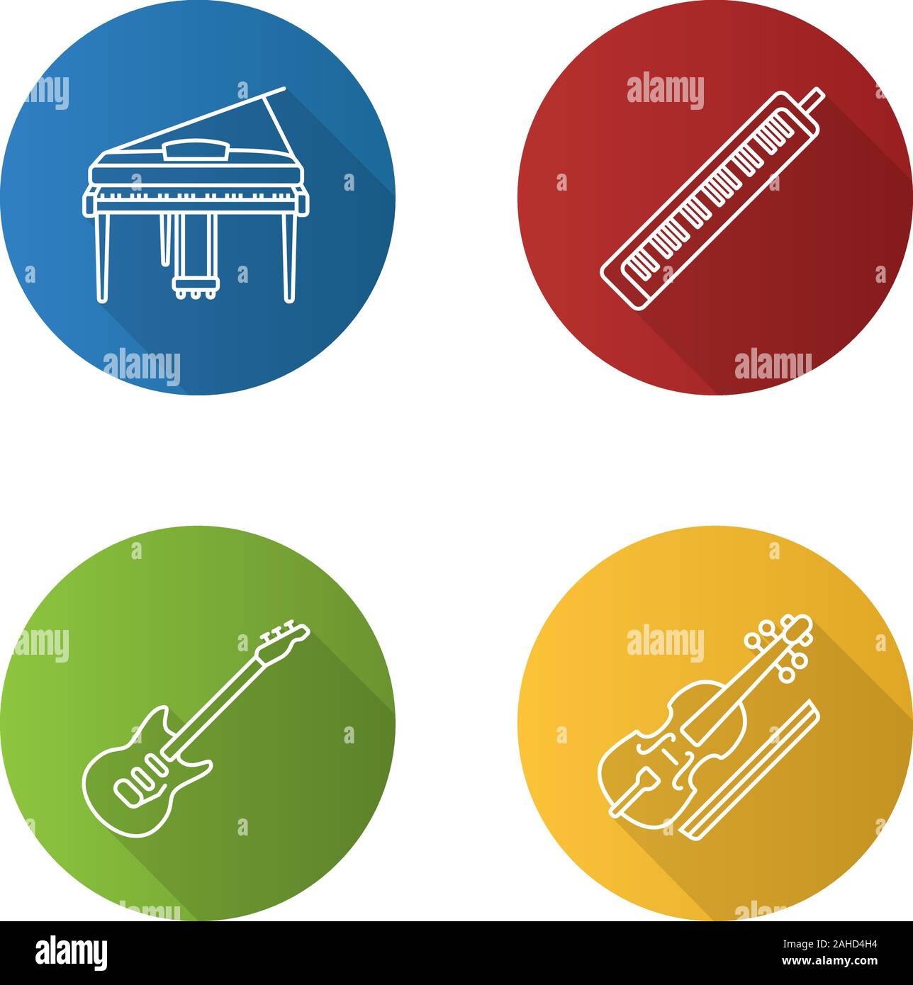 Musical instruments flat linear long shadow icons set. Piano, melodica ...