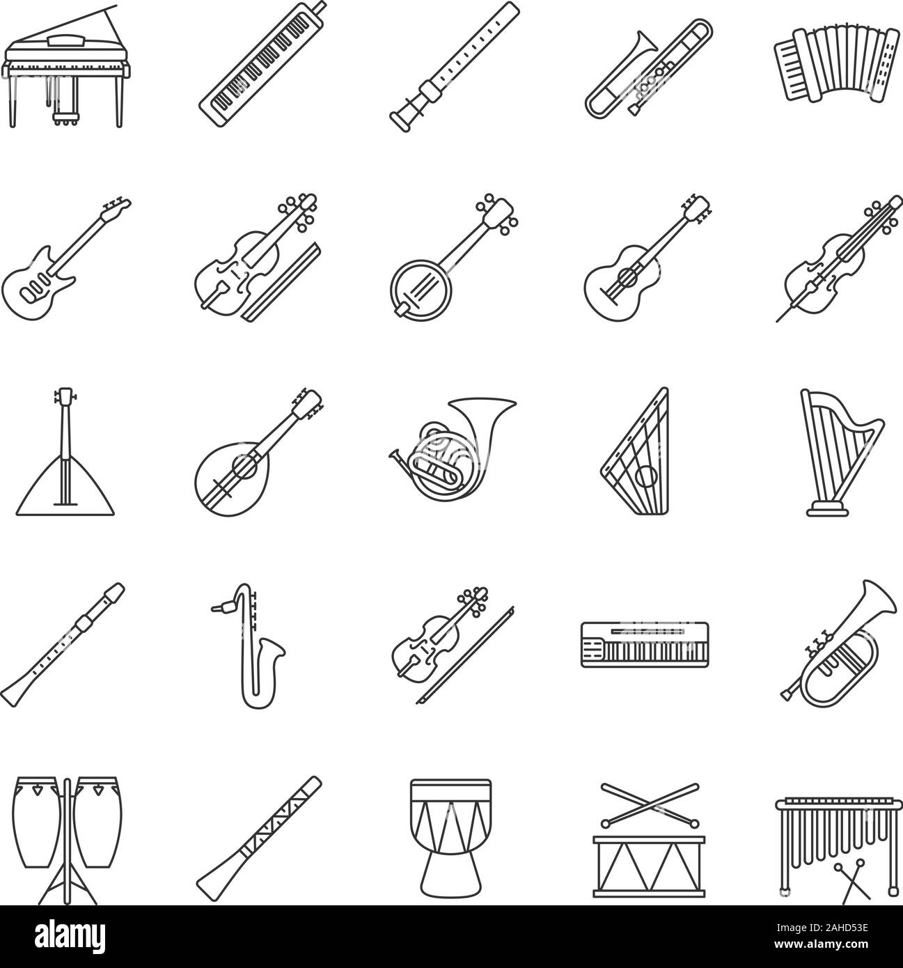 Musical instruments linear icons set. Orchestra equipment. Stringed, wind, percussion ...