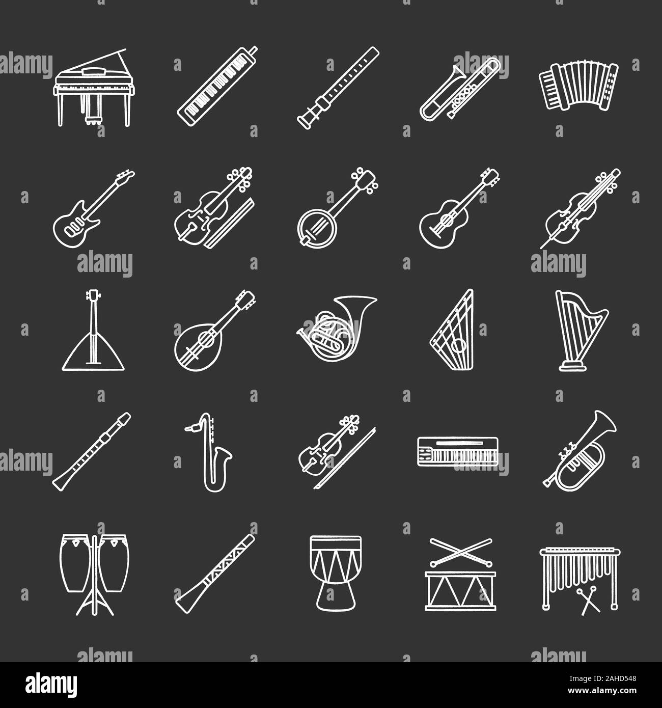 Musical instruments chalk icons set. Orchestra equipment. Stringed ... Musical instruments chalk icons set. Orchestra equipment. Stringed ...