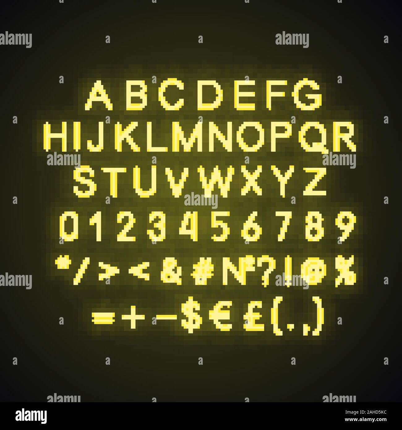 Yellow alphabet, numbers and math signs neon light icon. ABC glowing ...
