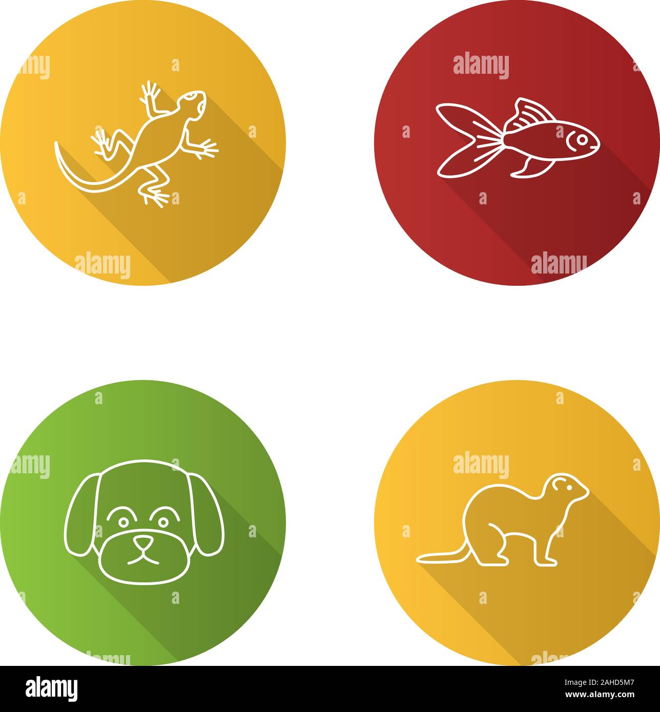 Pets flat linear long shadow icons set. Lizard, goldfish, maltese dog ...