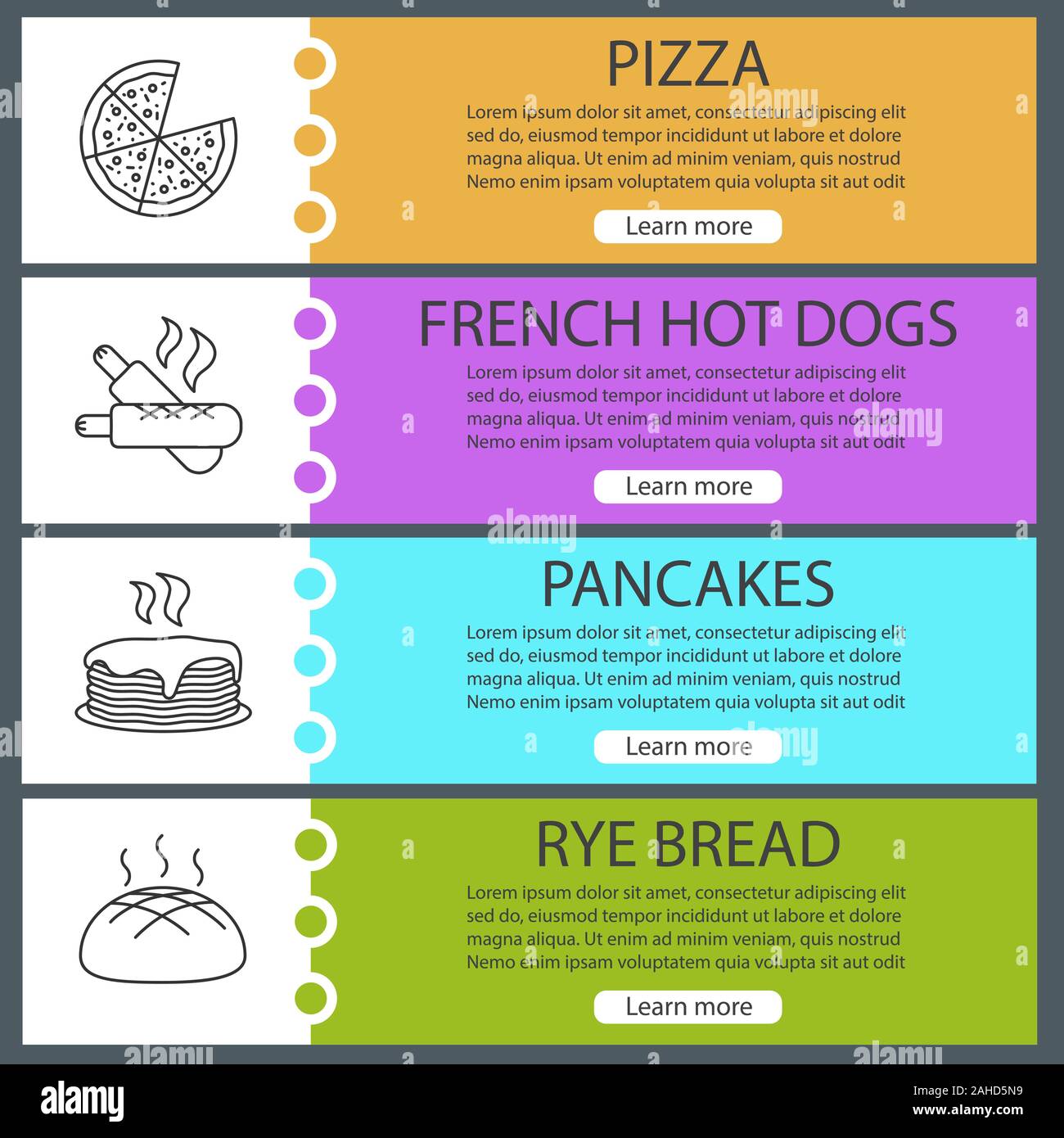 Bakery web banner templates set. Pizza, french hot dogs, pancakes stack ...
