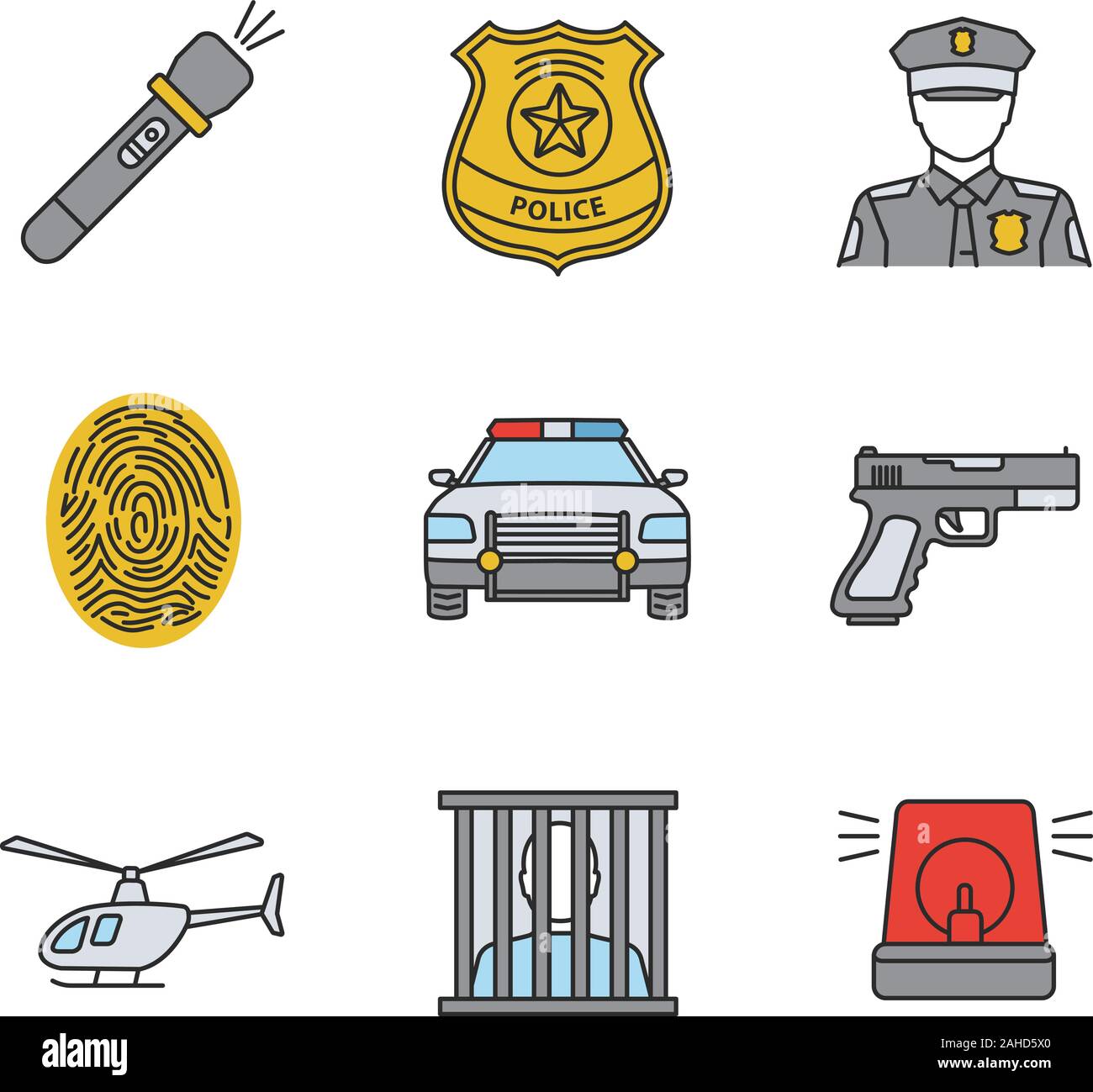 Police color icons set. Flashlight, police badge, policeman ...