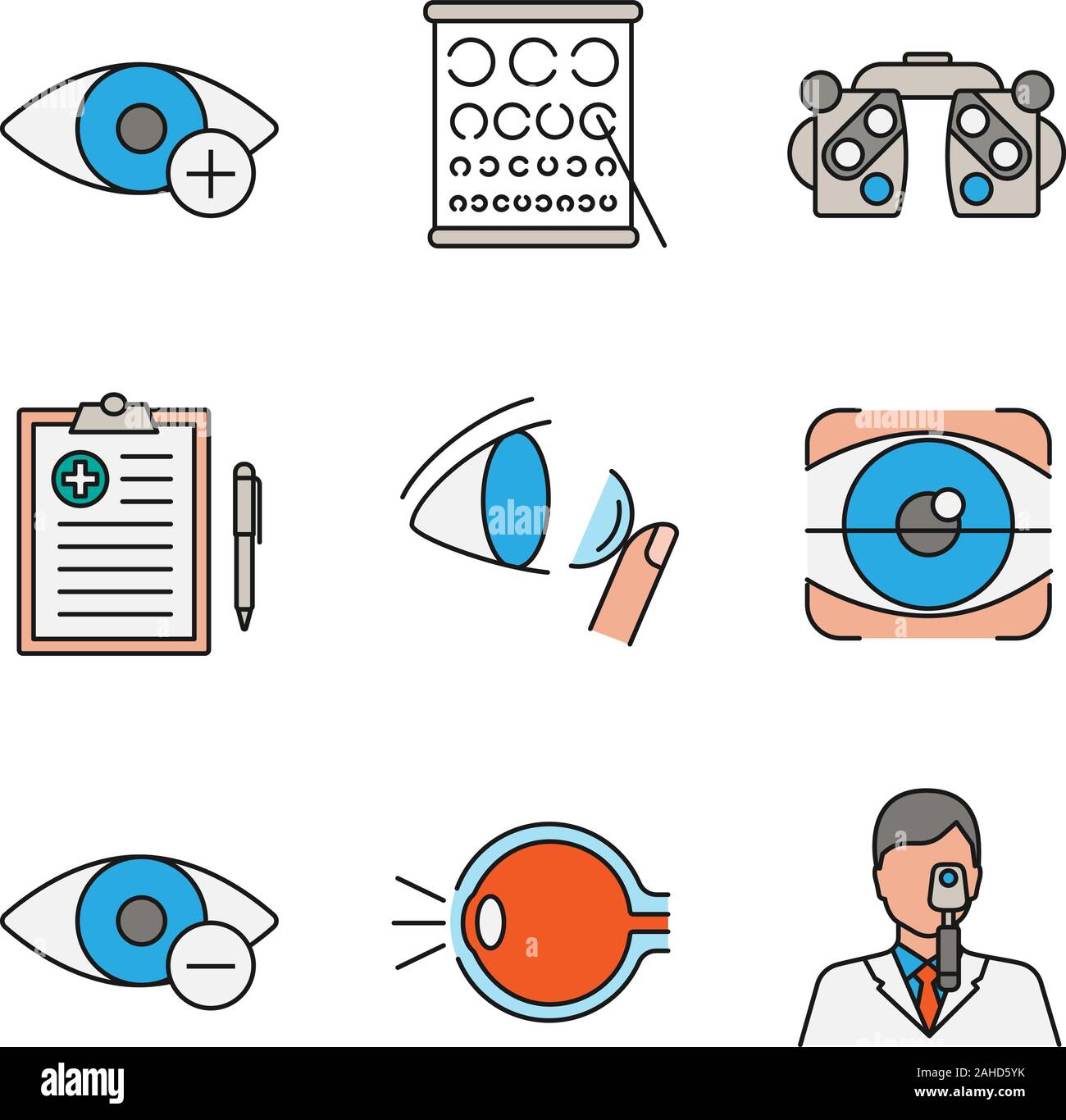 Ophthalmology color icons set. Hyperopia, Landolt chart, phoropter ...