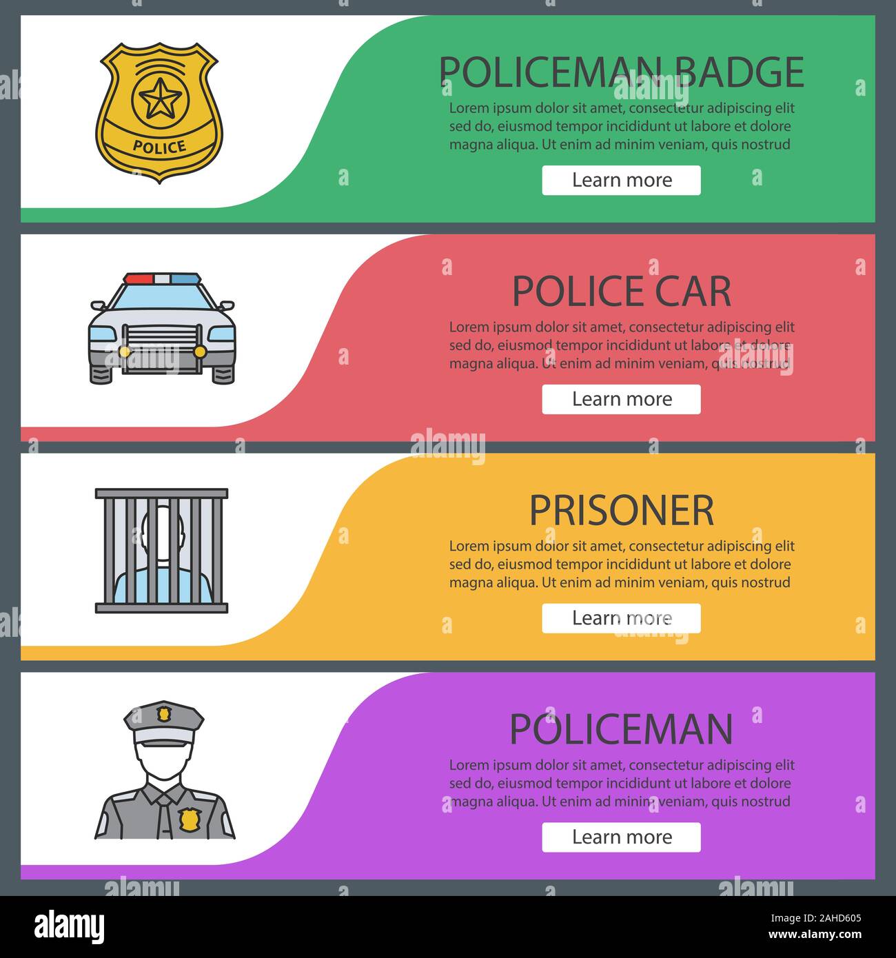 Police web banner templates set. Policeman, badge, car, prisoner ...