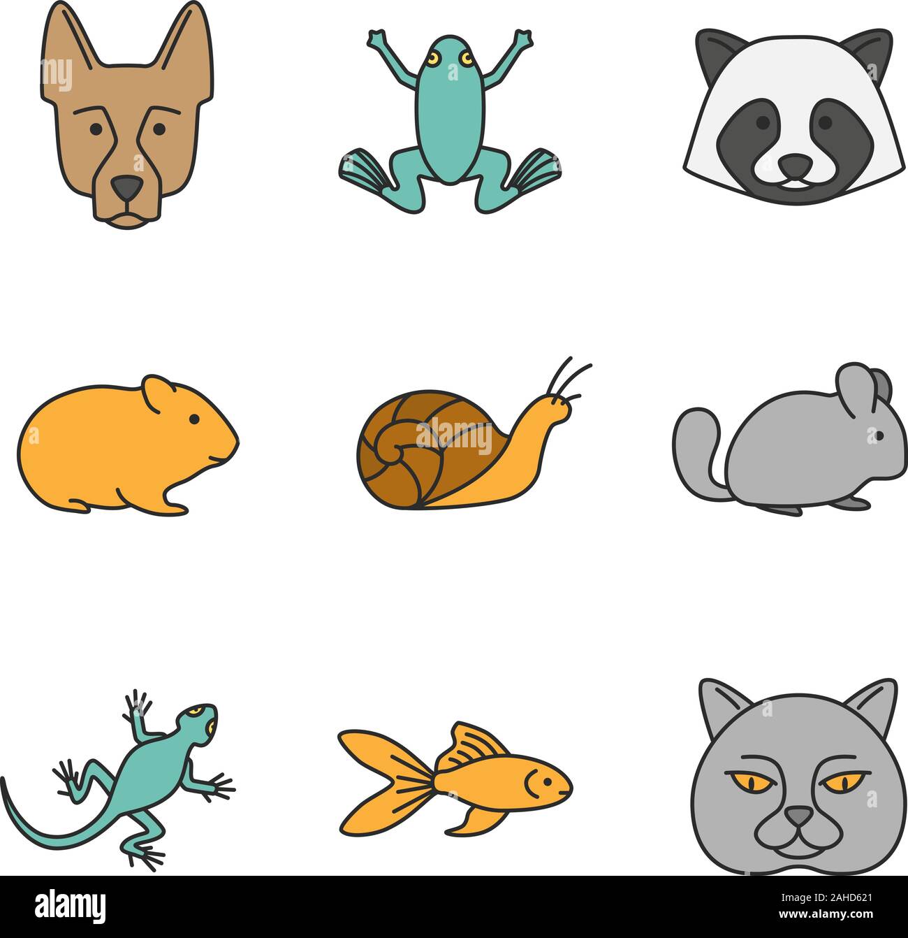 Pets color icons set. German Shepherd, frog, raccoon, hamster, snail ...