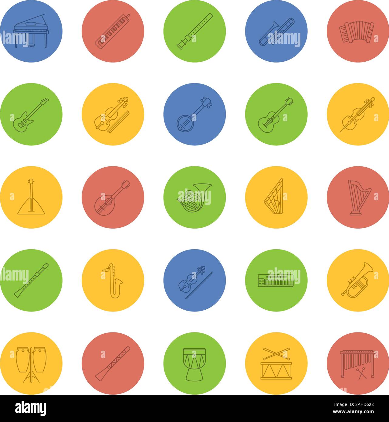 Musical instruments linear icons set. Orchestra equipment. Stringed ...