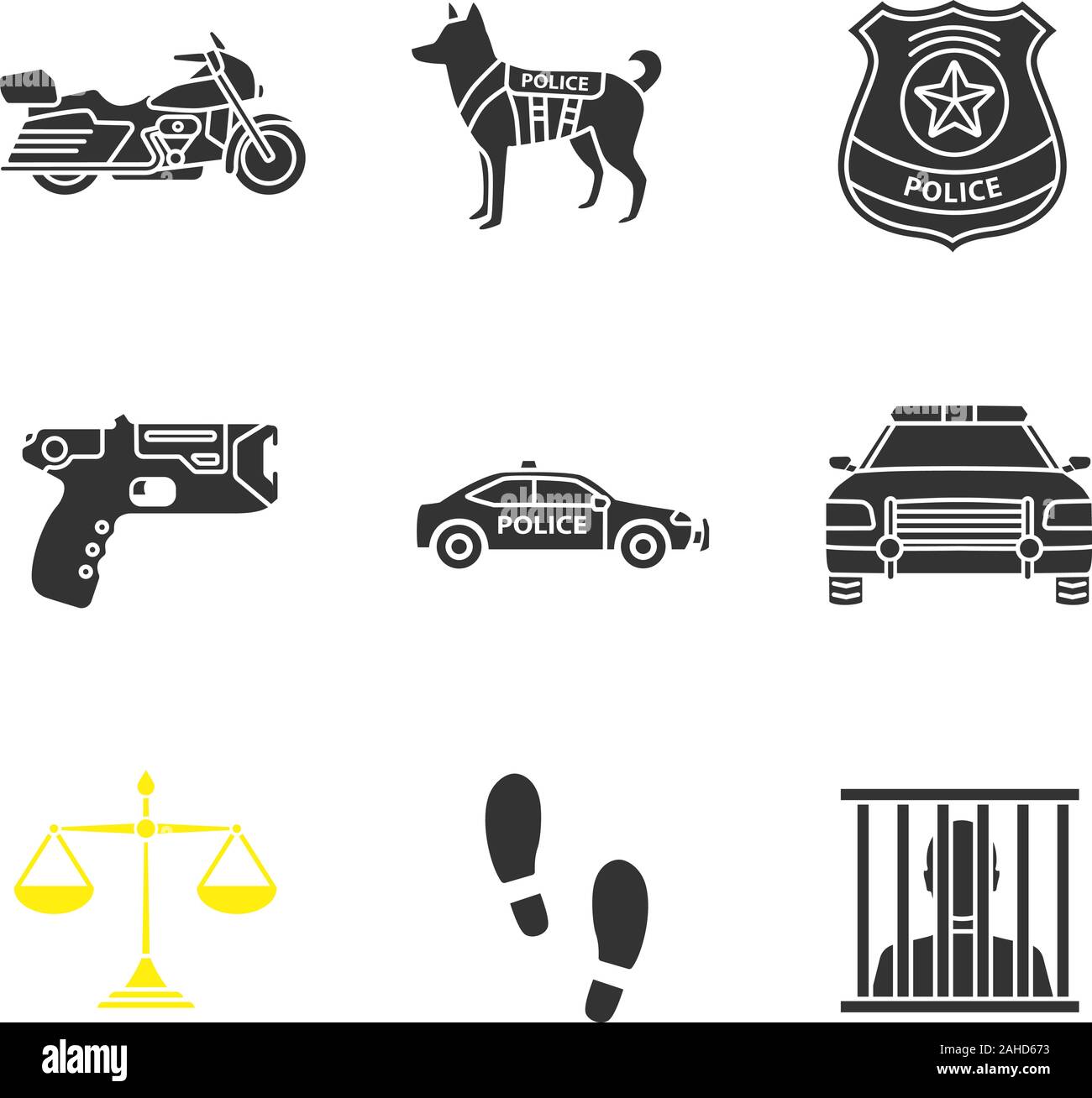 Police glyph icons set. Motorbike, military dog, police badge, taser ...