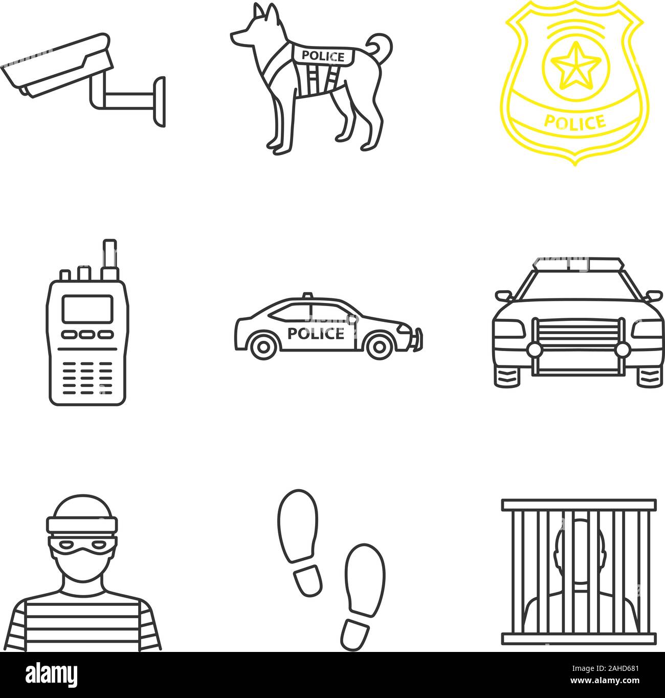 Police linear icons set. Surveillance camera, military dog, police ...