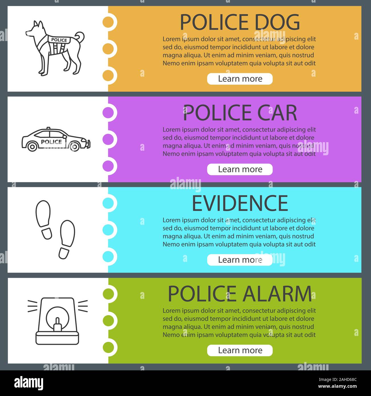 Police web banner templates set. Military dog, car, footprints, alarm ...
