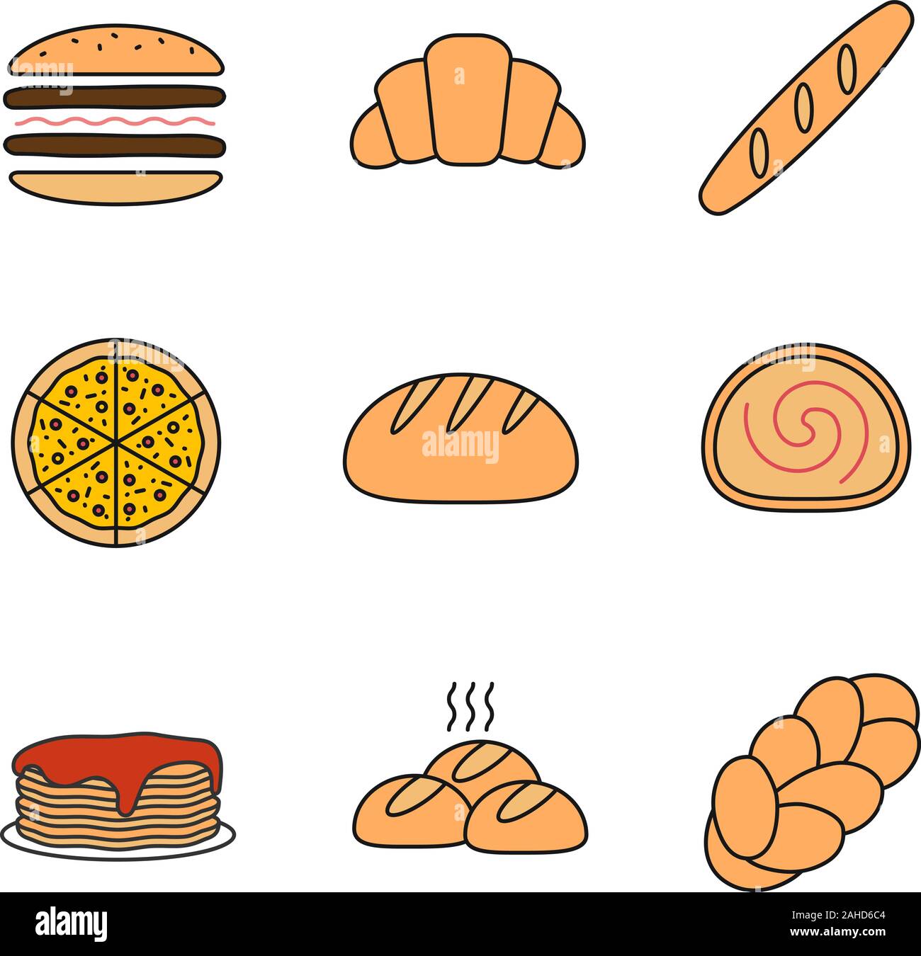 Bakery color icon. Burger, croissant, baguette, pizza, round bread ...