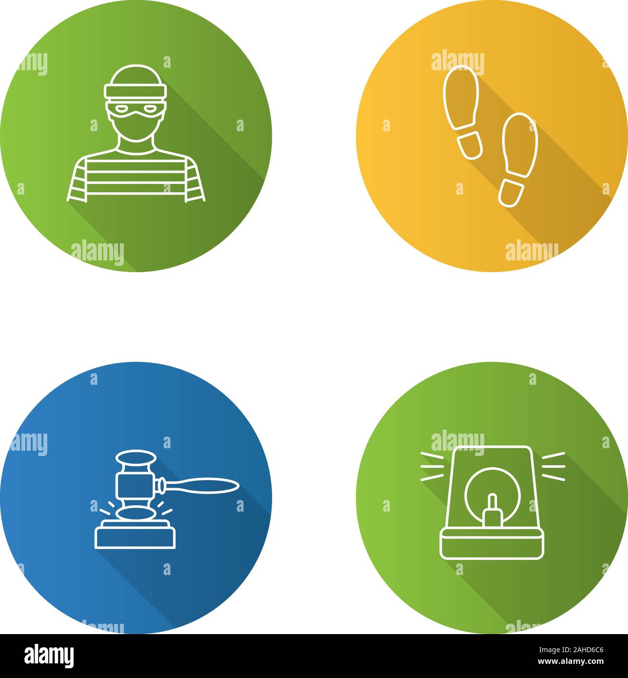 Police flat linear long shadow icons set. Robber, footprints, gavel ...