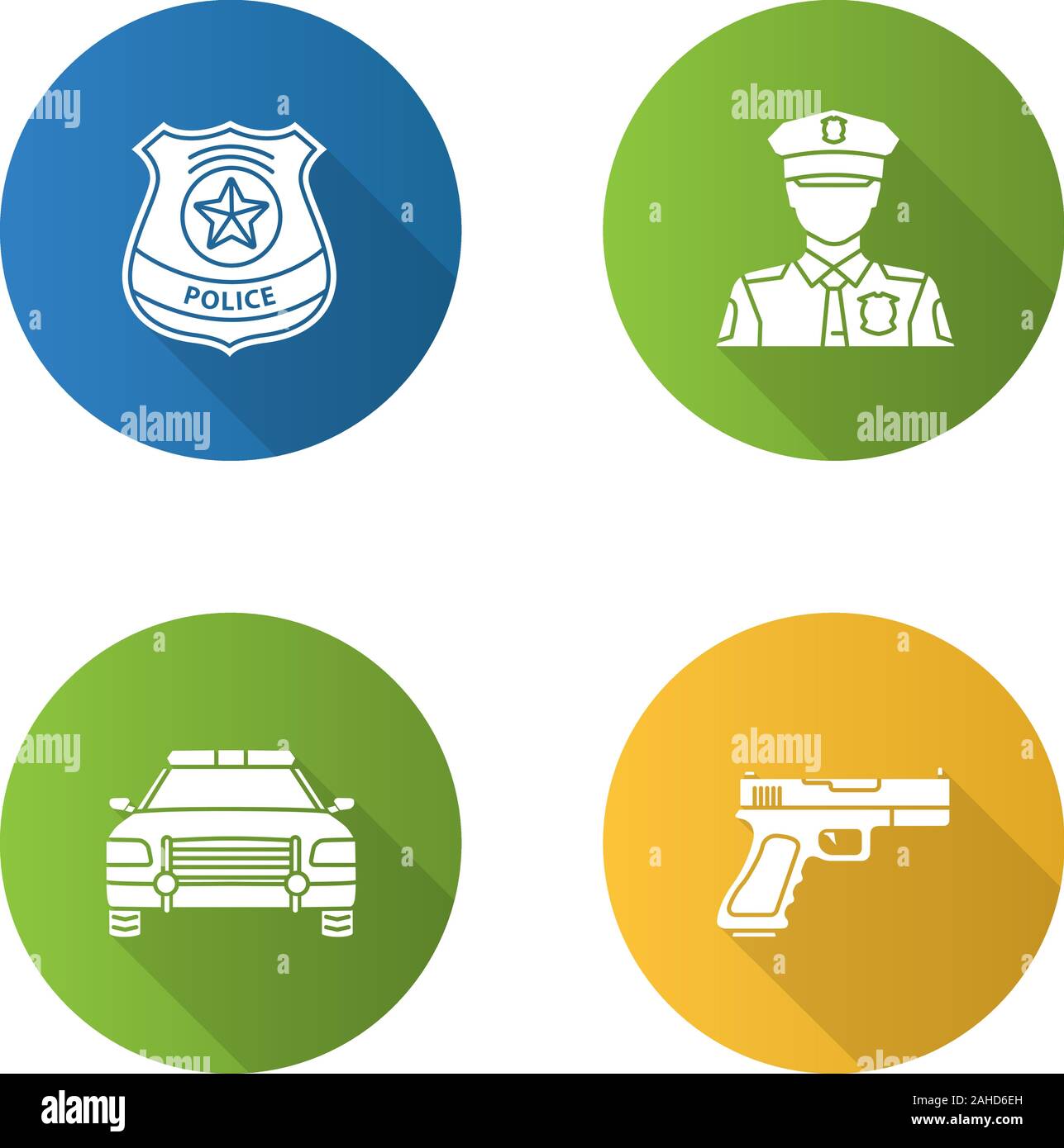 Police flat design long shadow glyph icons set. Policeman, gun, car ...