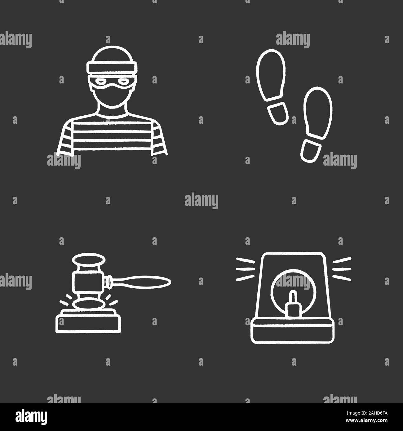 Police chalk icons set. Robber, footprints, gavel, alarm. Isolated ...