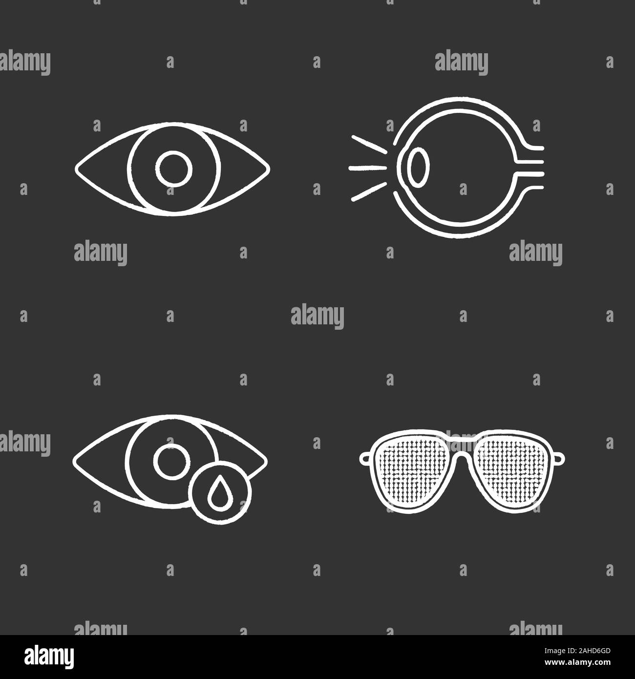 Ophtalmology chalk icons set. Human eye anatomy, drops, pinhole glasses ...